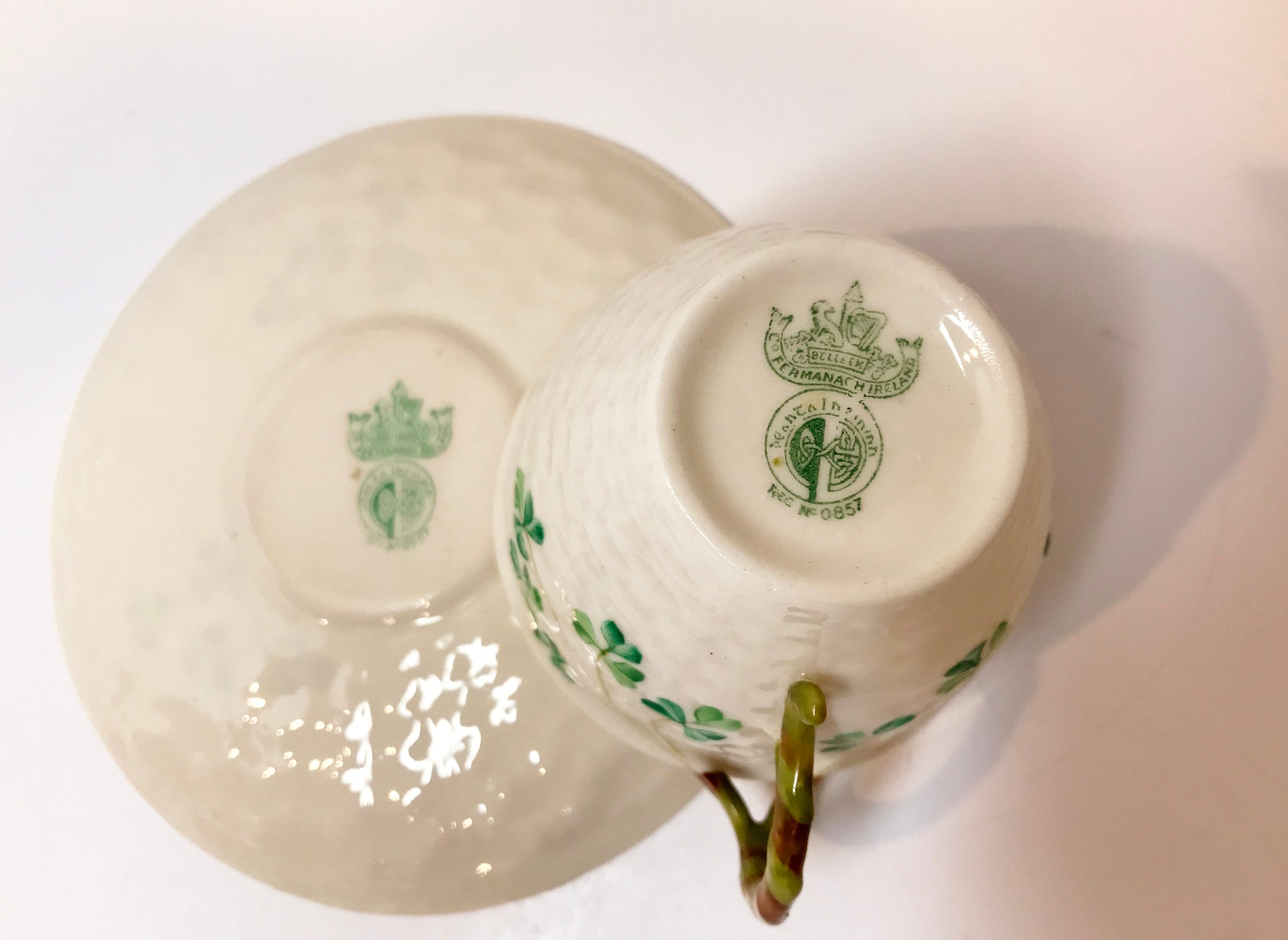 Shamrock Belleek Tea Cup and Saucer, Irish Tea Cup, Basket Weave ...