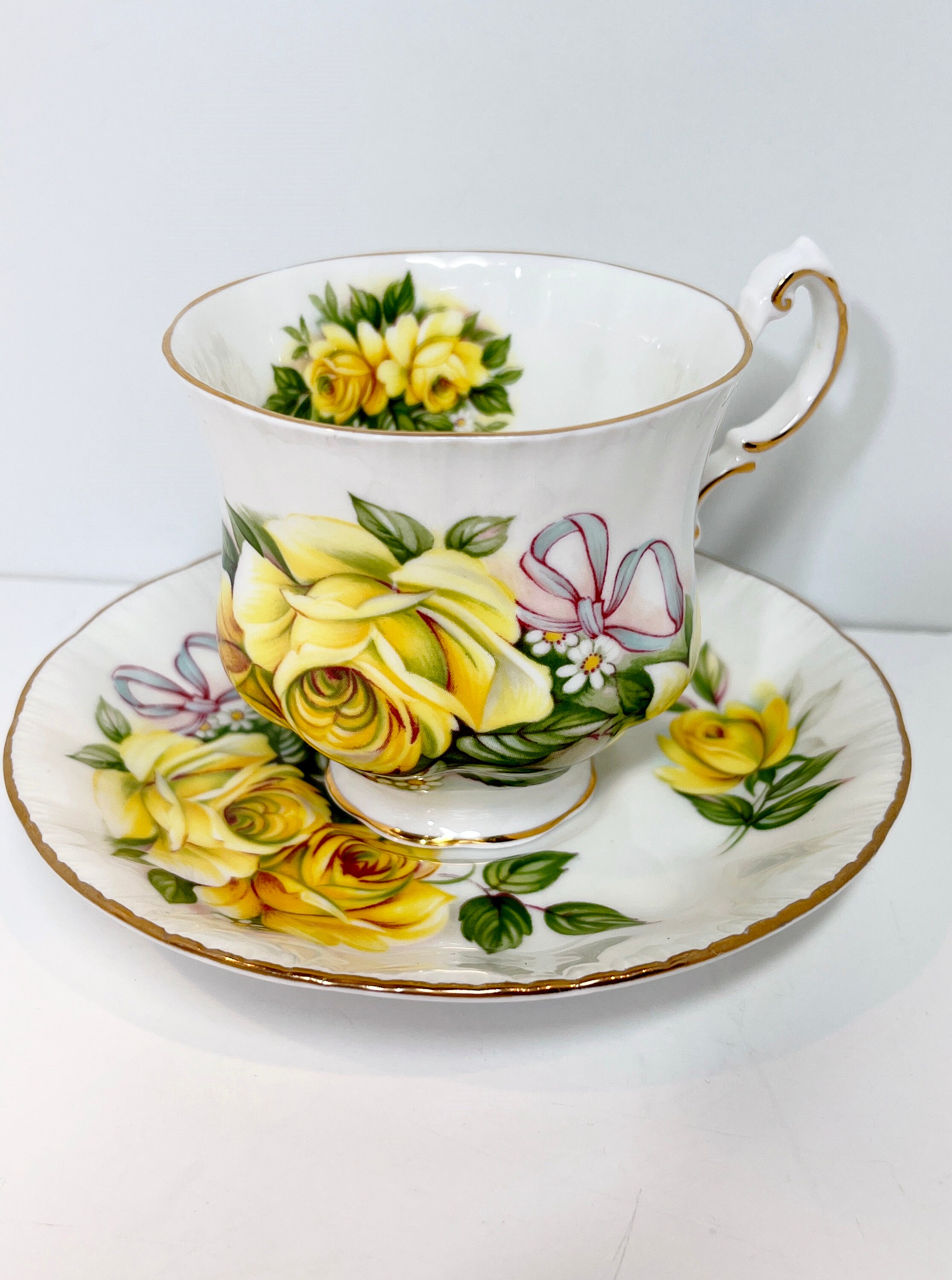 Ribbon Teacup Yellow Rose Teacup and Saucer Royal Crest Teacup English ...
