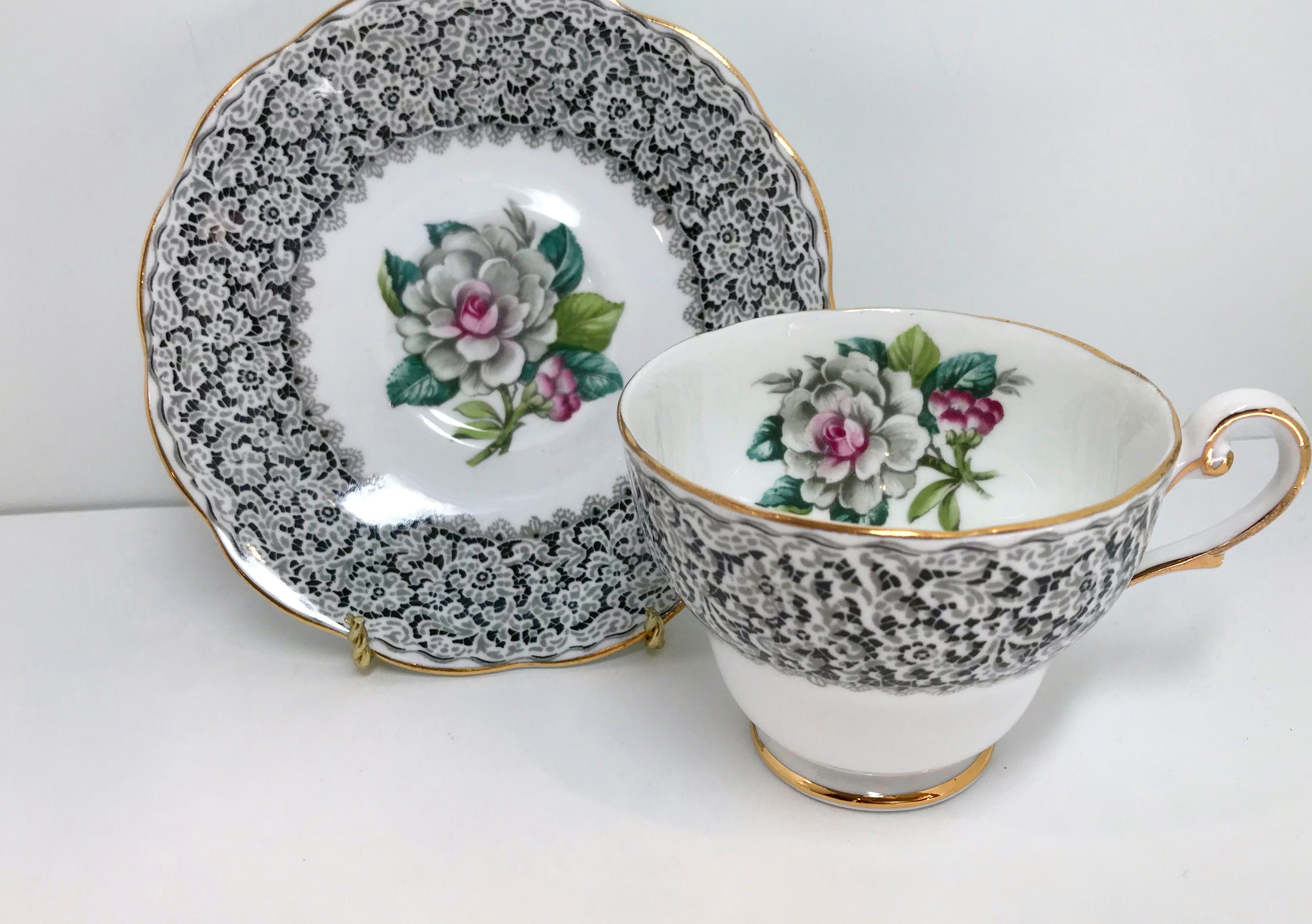 Royal Standard Teacup and Saucer, Keepsake Cup, Black Lace Teacup ...