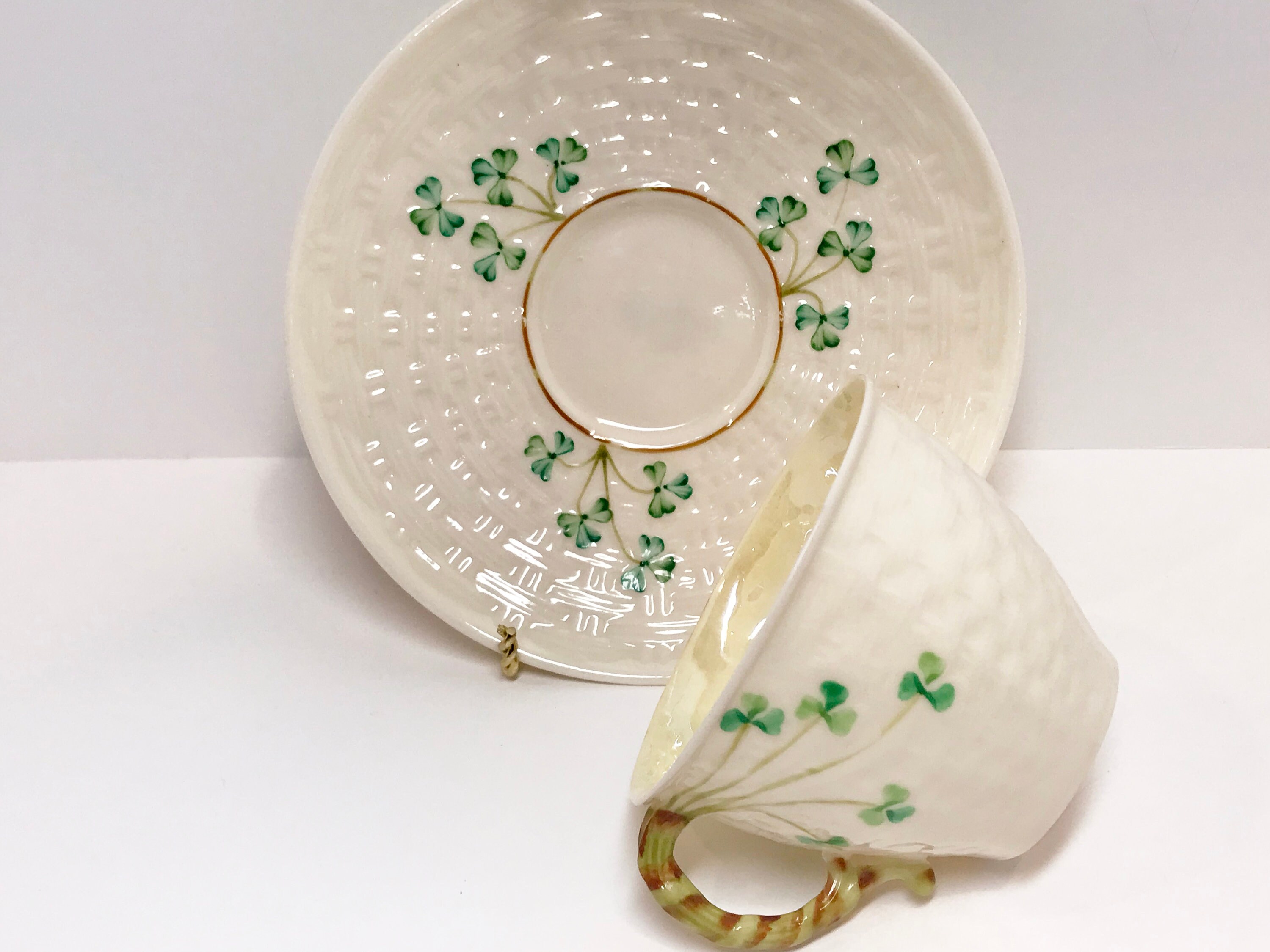 Shamrock Belleek Tea Cup and Saucer, Irish Tea Cup, Basket Weave ...