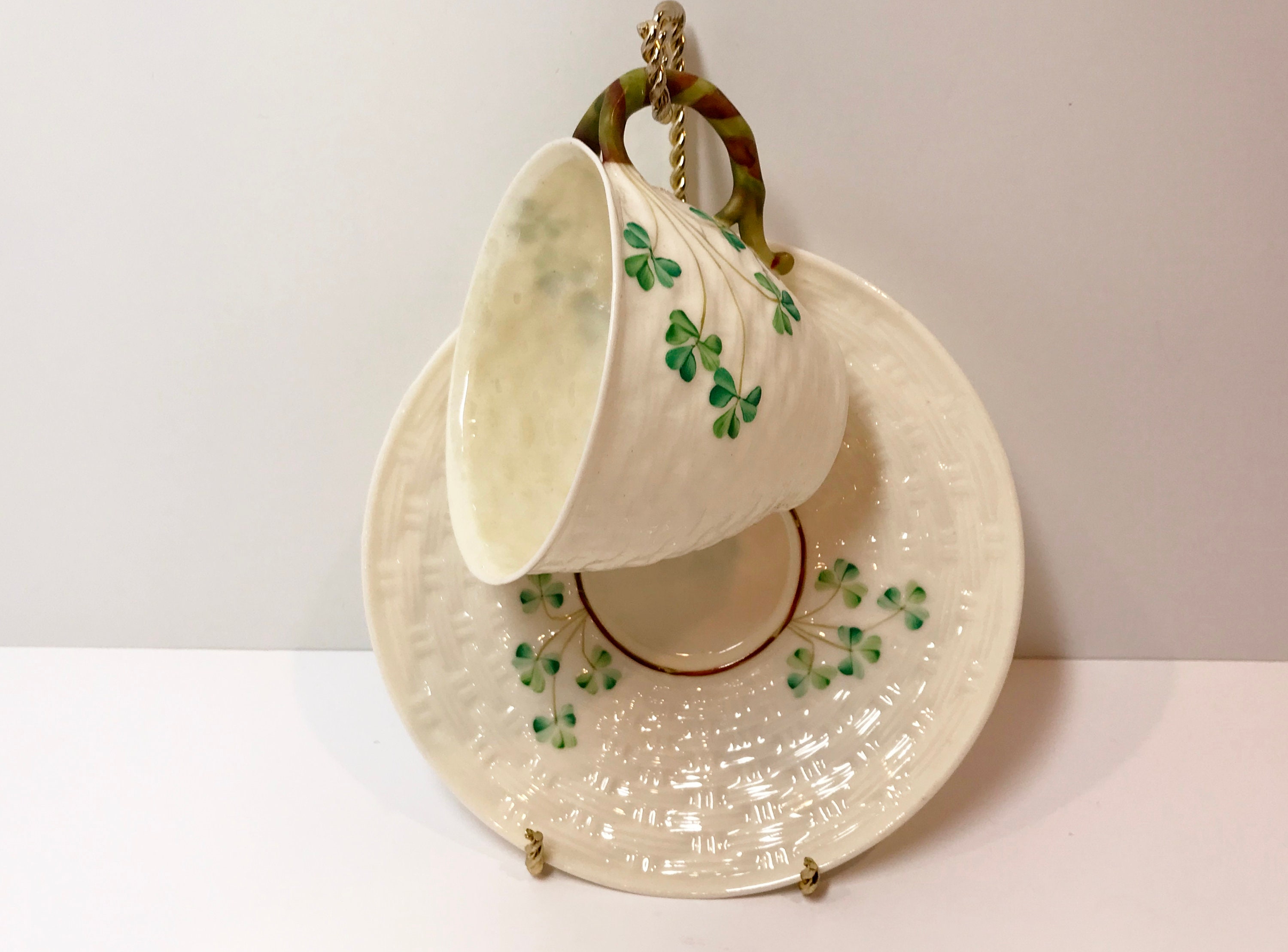 Shamrock Belleek Tea Cup and Saucer, Irish Tea Cup, Basket Weave ...
