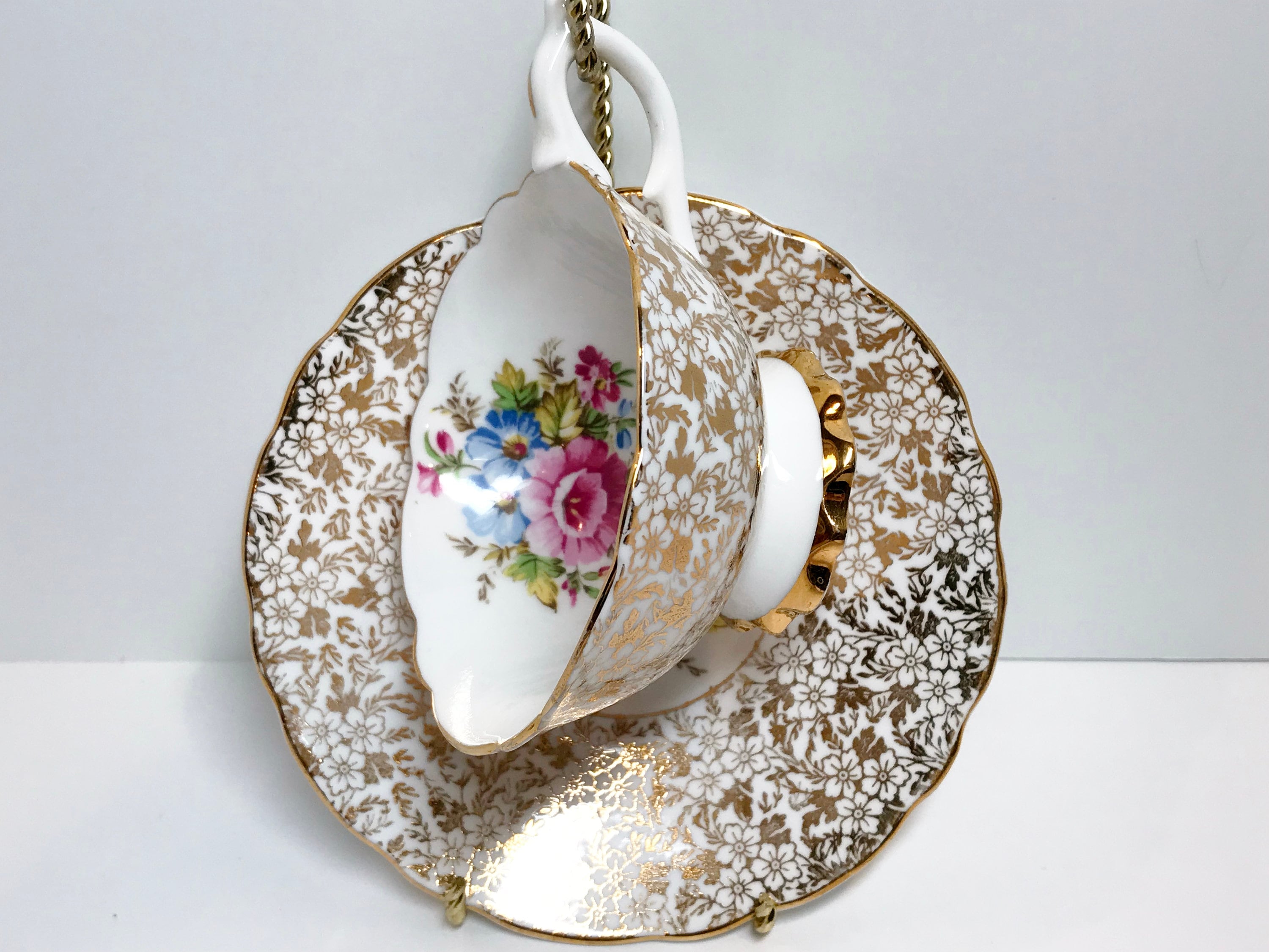 Gold Chintz Tea Cup and Saucer, English Bone China Cup, English Tea ...