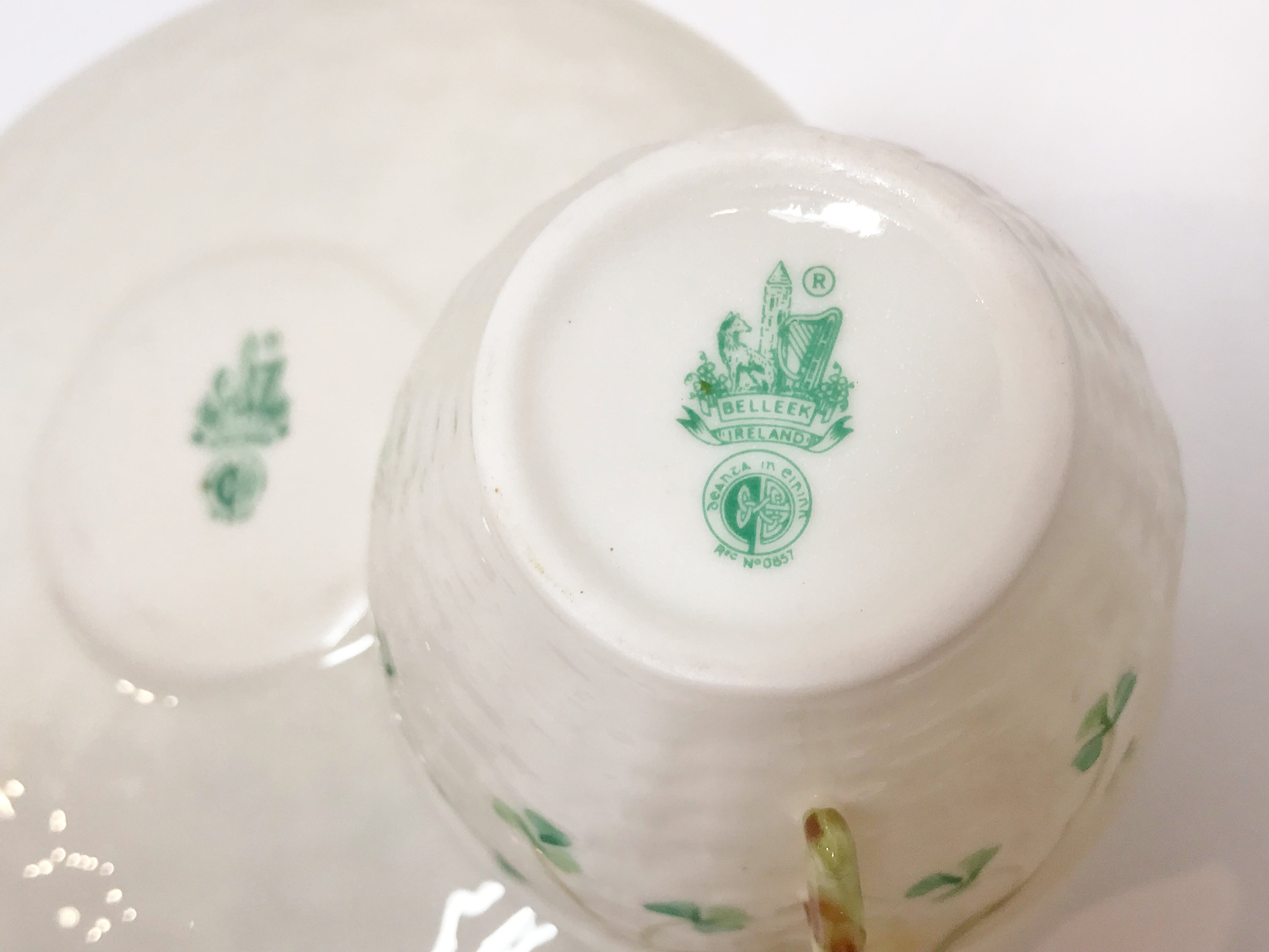 Shamrock Belleek Tea Cup and Saucer, Irish Tea Cup, Basket Weave ...
