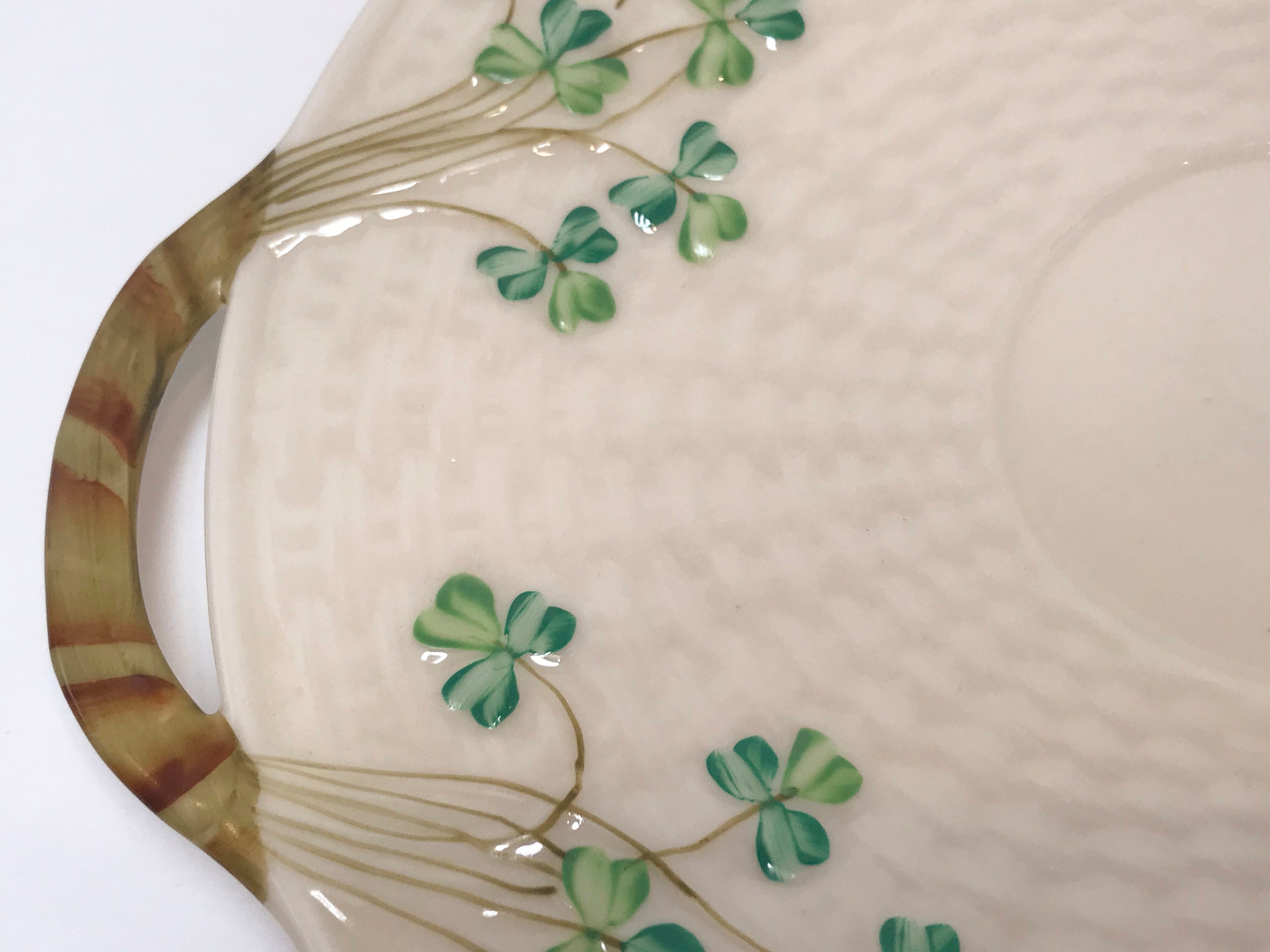 Shamrock Ware Cake Plate, Black Mark Belleek Shamrock Tea Ware Bread ...