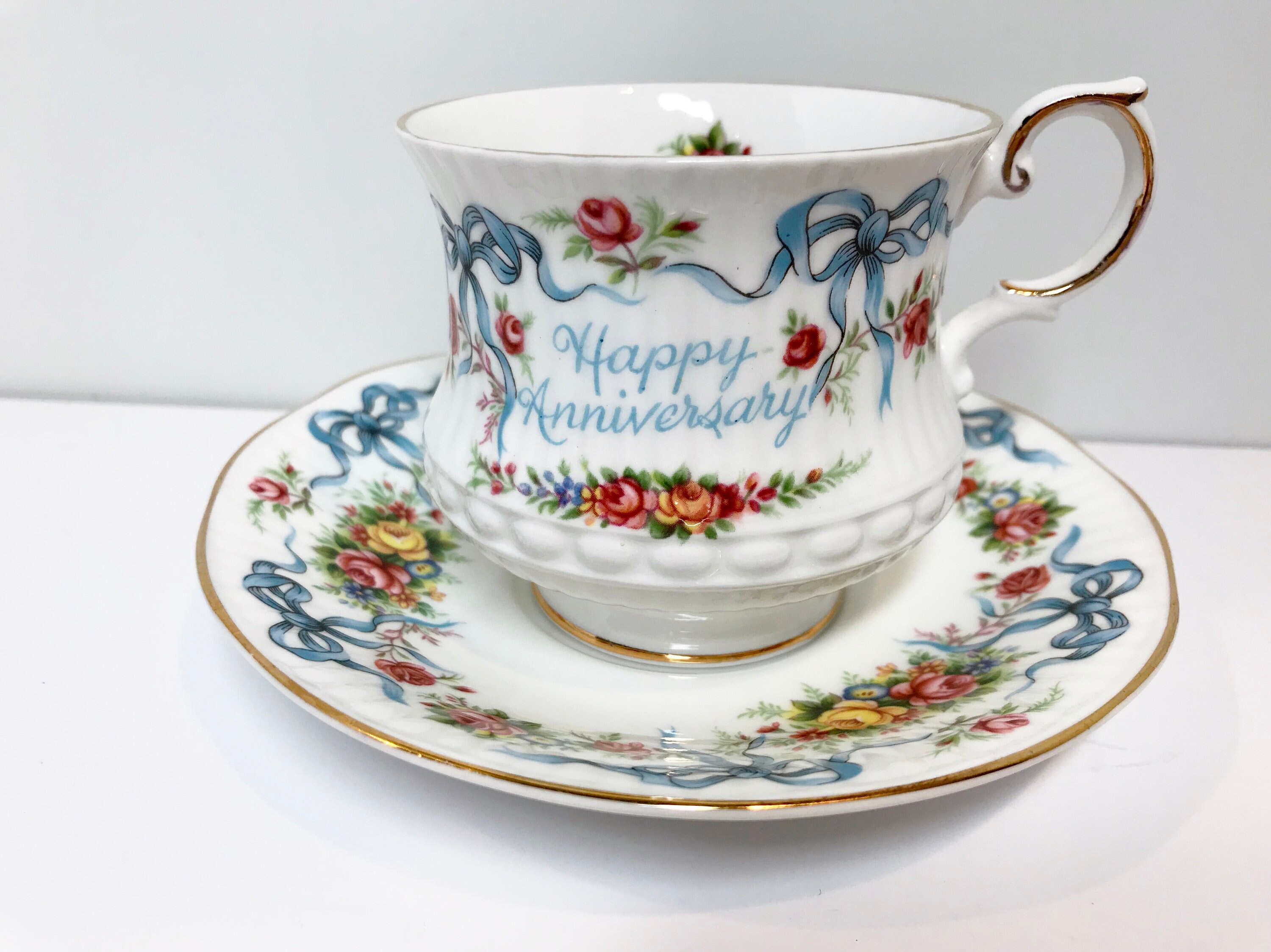 Reserved for B, Happy Anniversary Queens Tea Cup and Saucer, Ribbon Tea ...