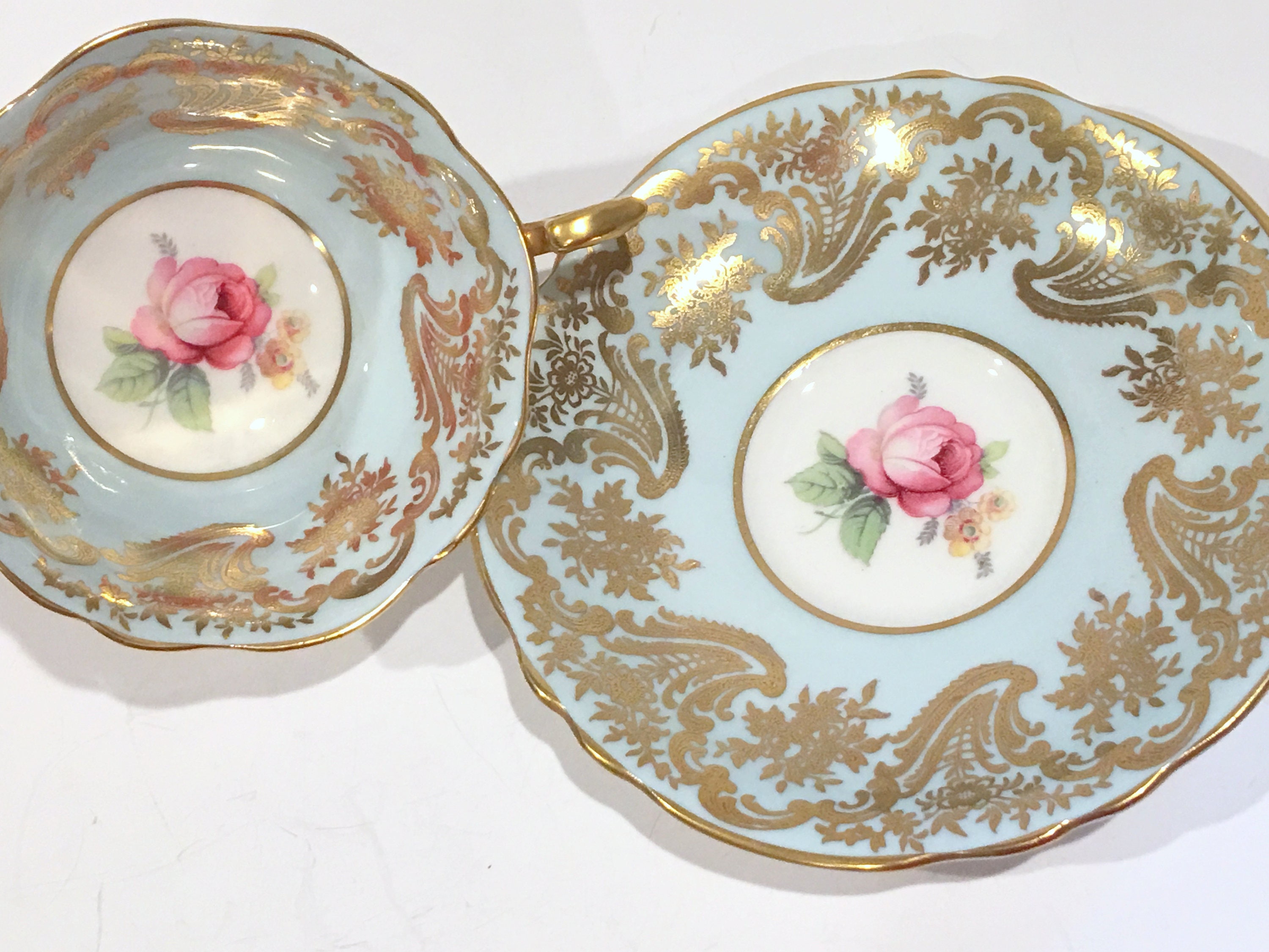 Paragon Tea Cup and Saucer, Blue Aqua Gold Cups, English Bone China ...