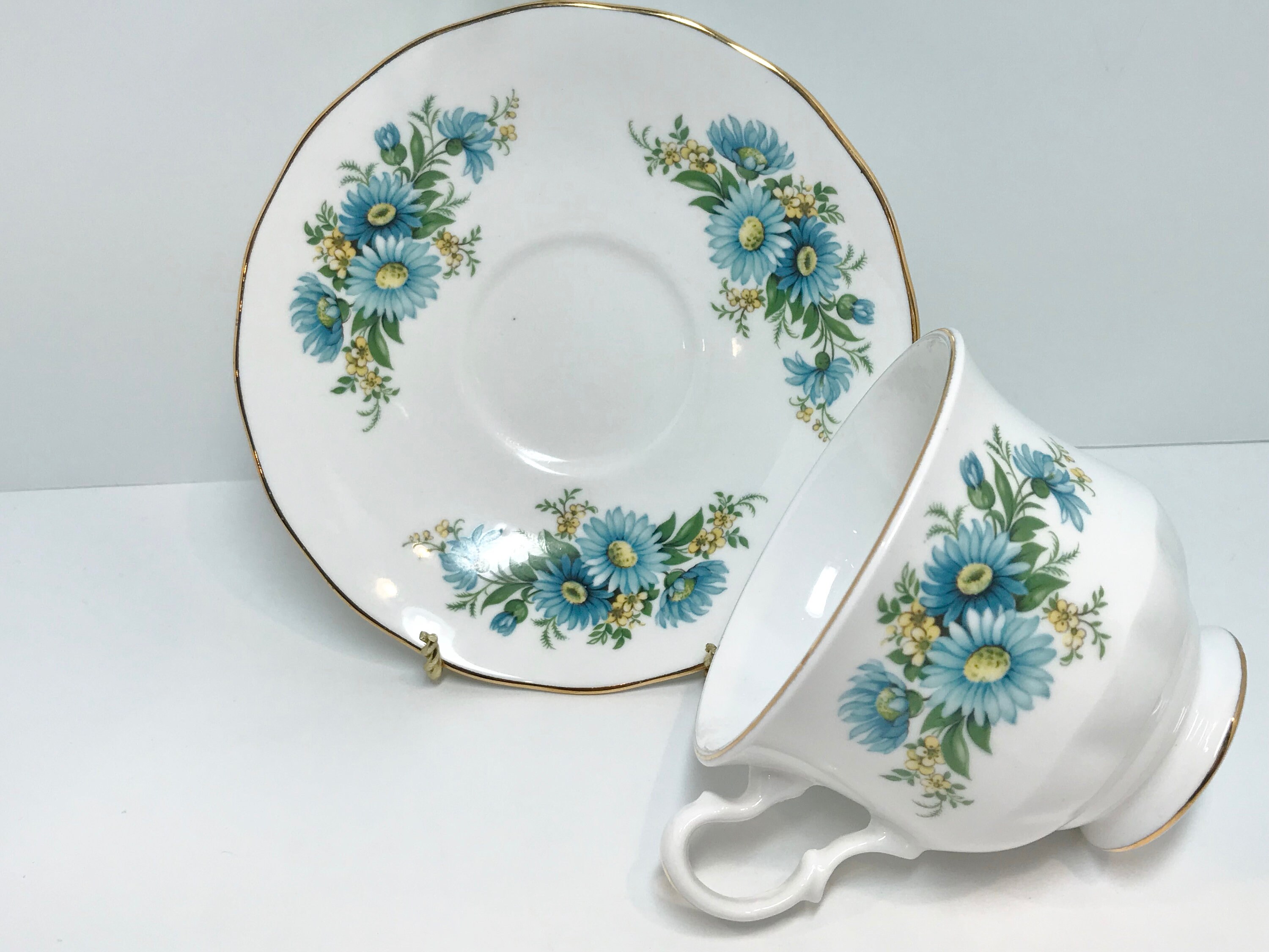 Queen Anne Tea Cup and Saucer, Blue Daisies Teacup, Antique Teacups ...