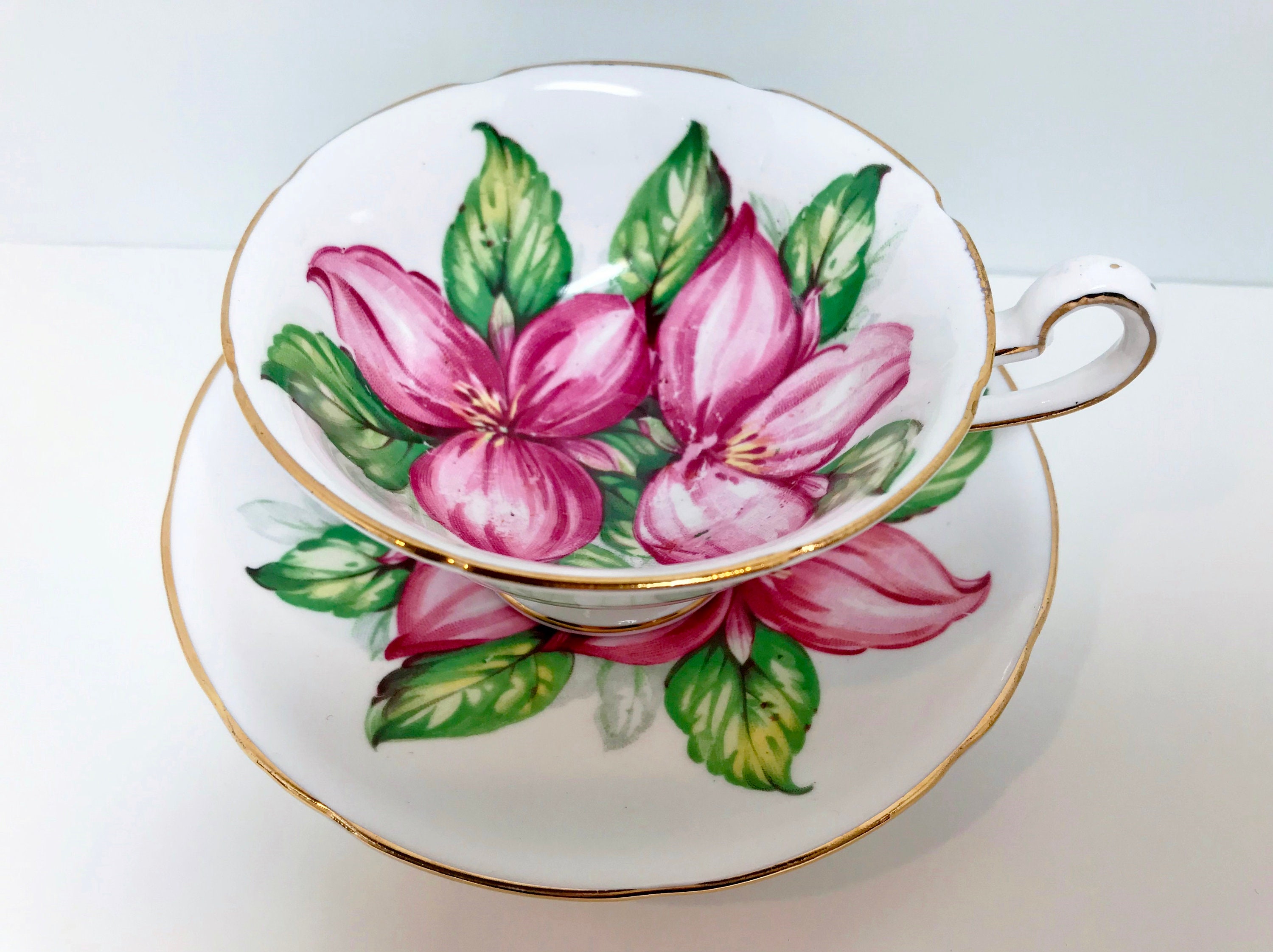 Pink Trillium Teacup, Royal Stafford Teacup and Saucer, Pink Flower ...