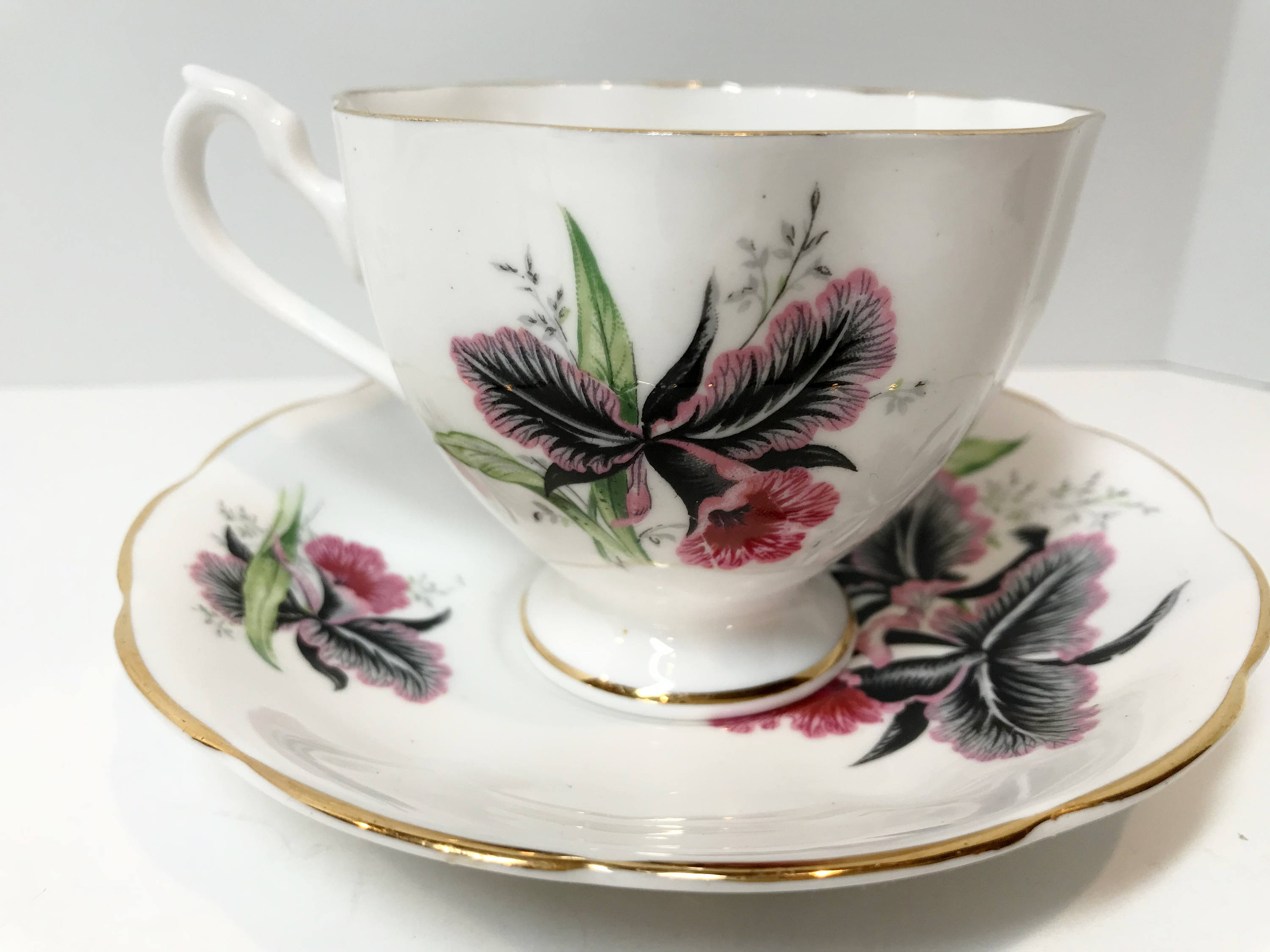Queen Anne Tea Cup and Saucer, Orchid Cups, Floral Tea Cups, English ...