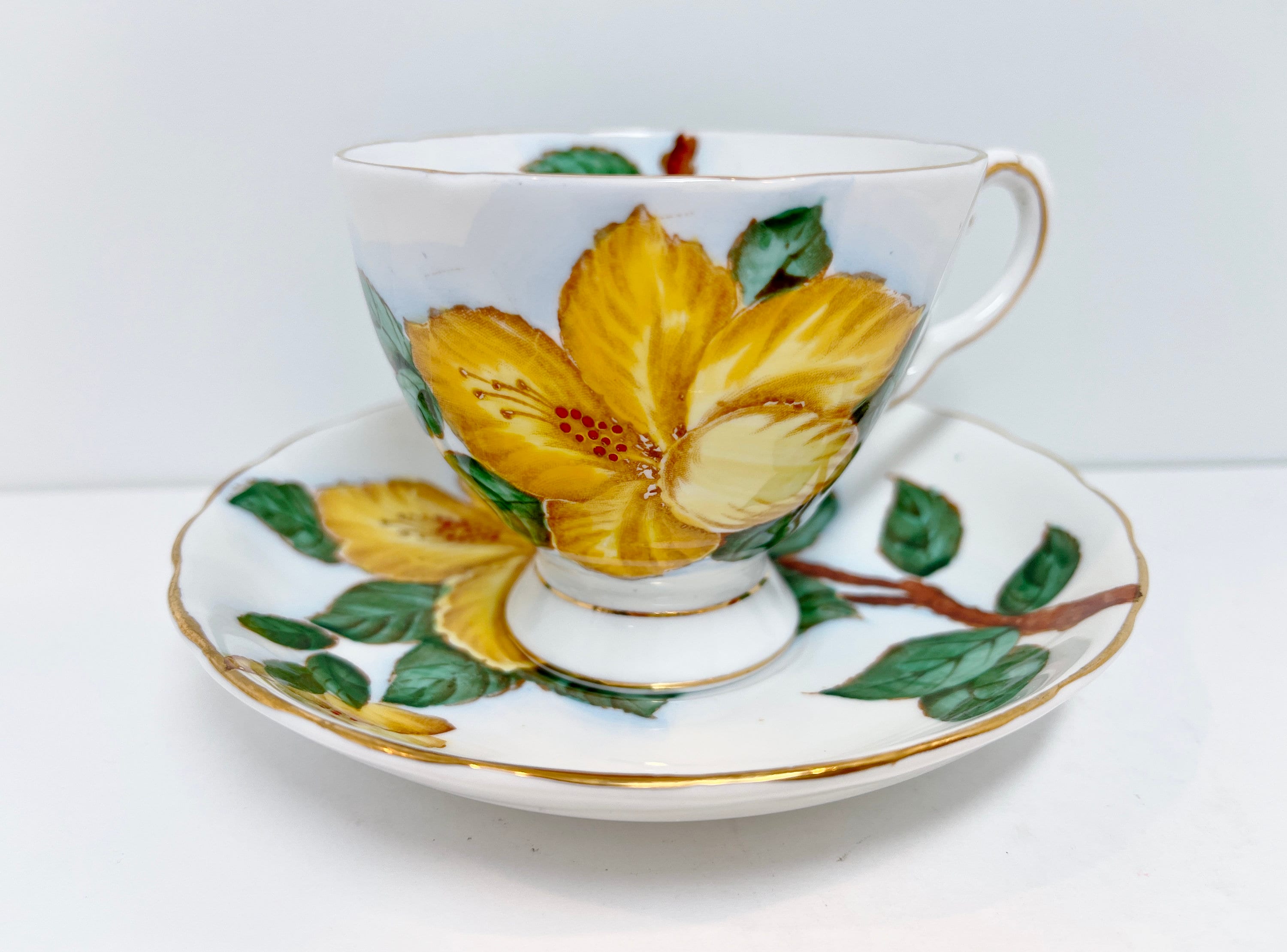 Tuscan Tea Cup and Saucer, Yellow Hibiscus Pattern, Antique Teacups ...