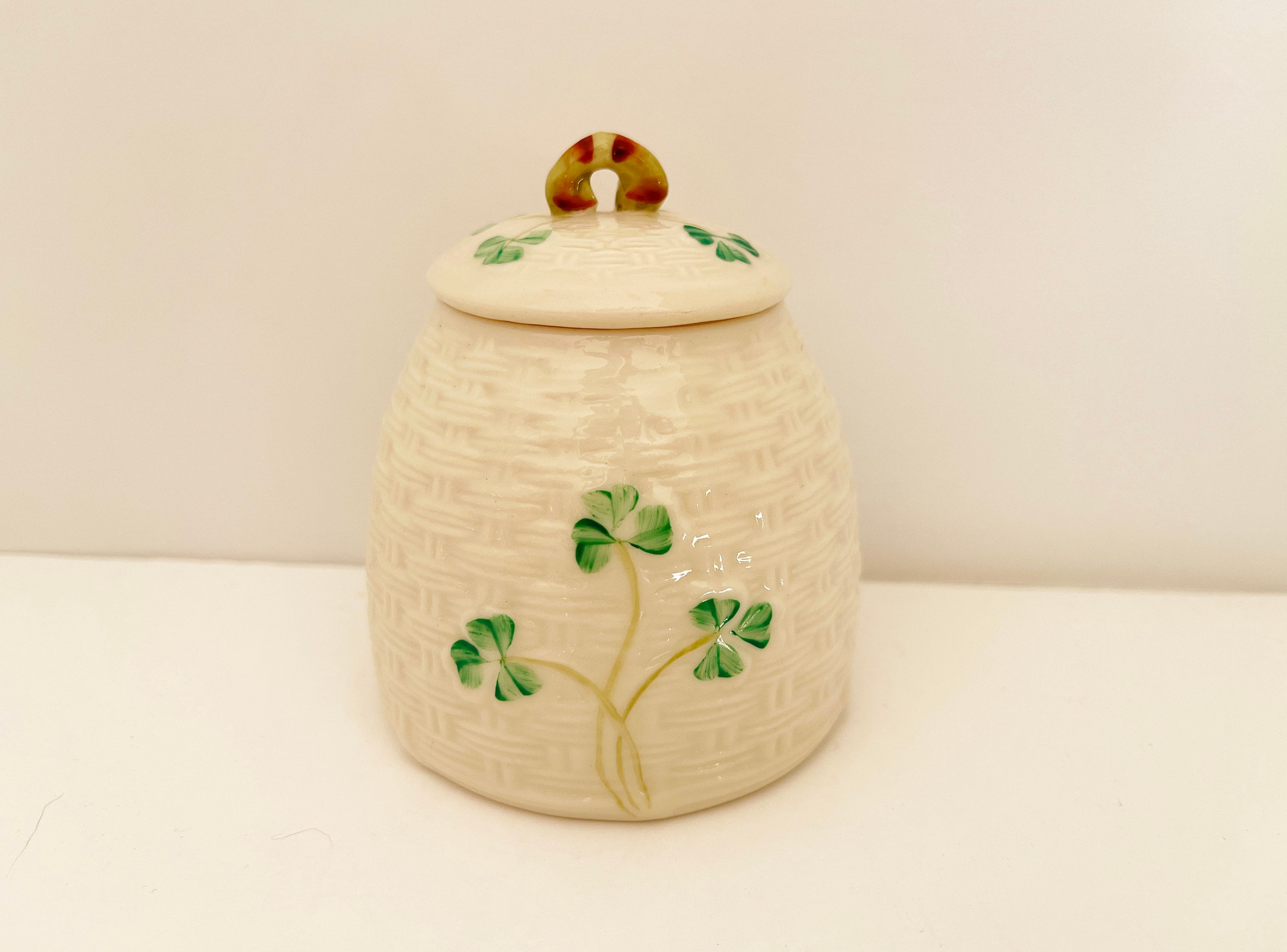 Belleek Jar, Shamrock Jar, Belleek Basketweave, Shamrock Container ...