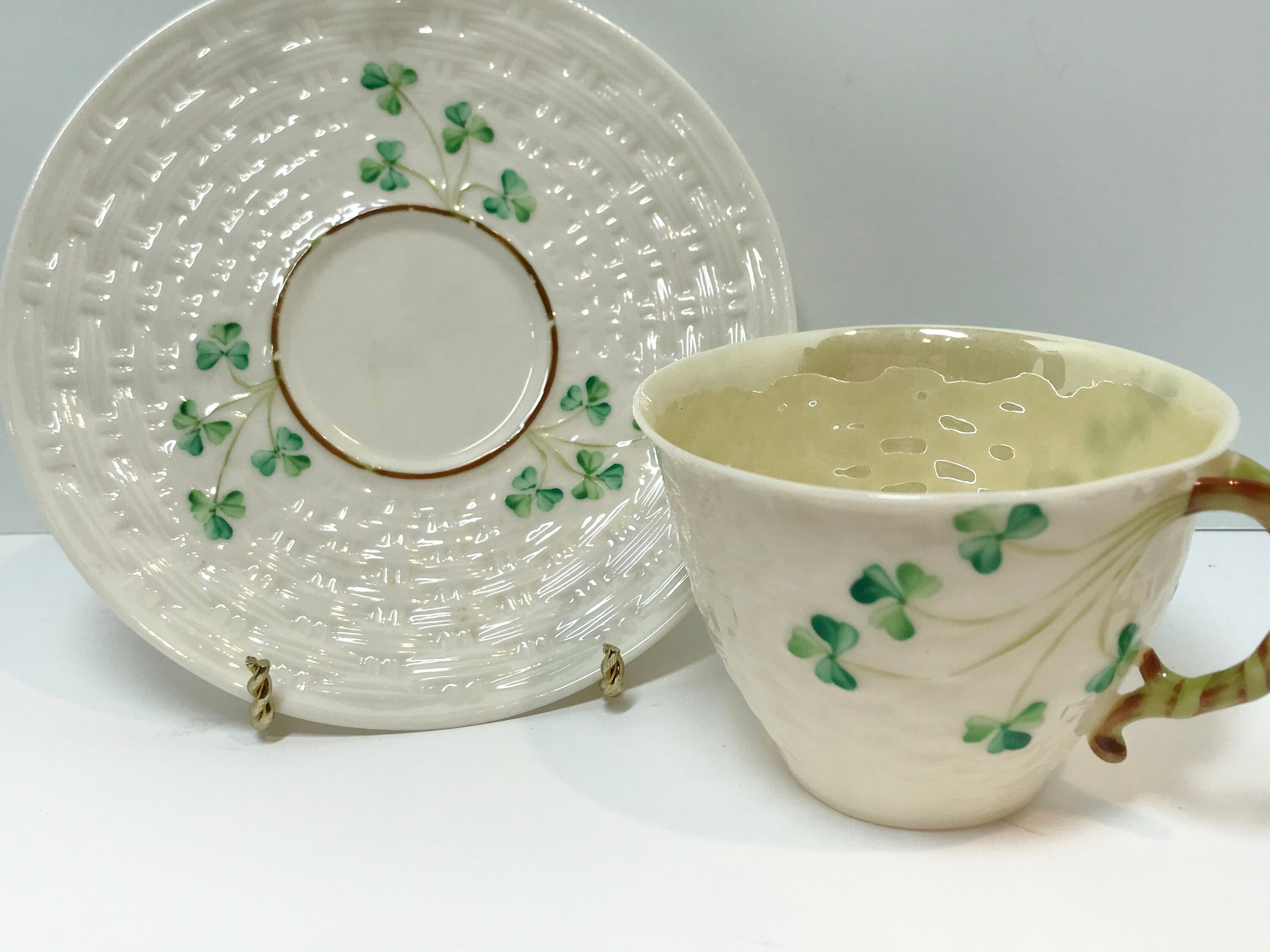 Shamrock Belleek Tea Cup and Saucer, Irish Tea Cup, Basket Weave ...