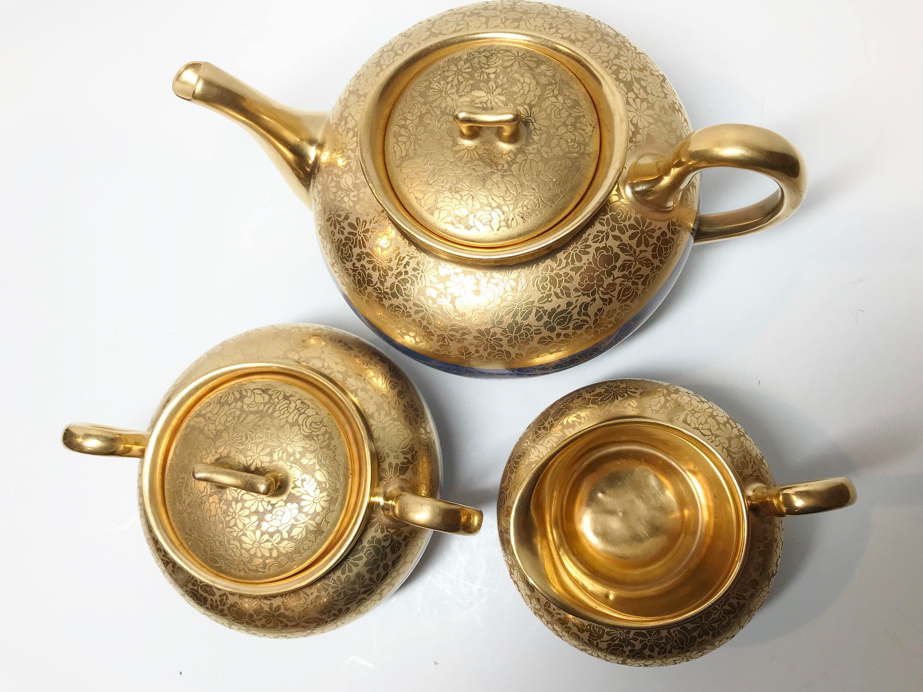 Pickard Teapot, Pickard Tea Set, Gold Blue Teapot, Creamer Sugar Teapot ...
