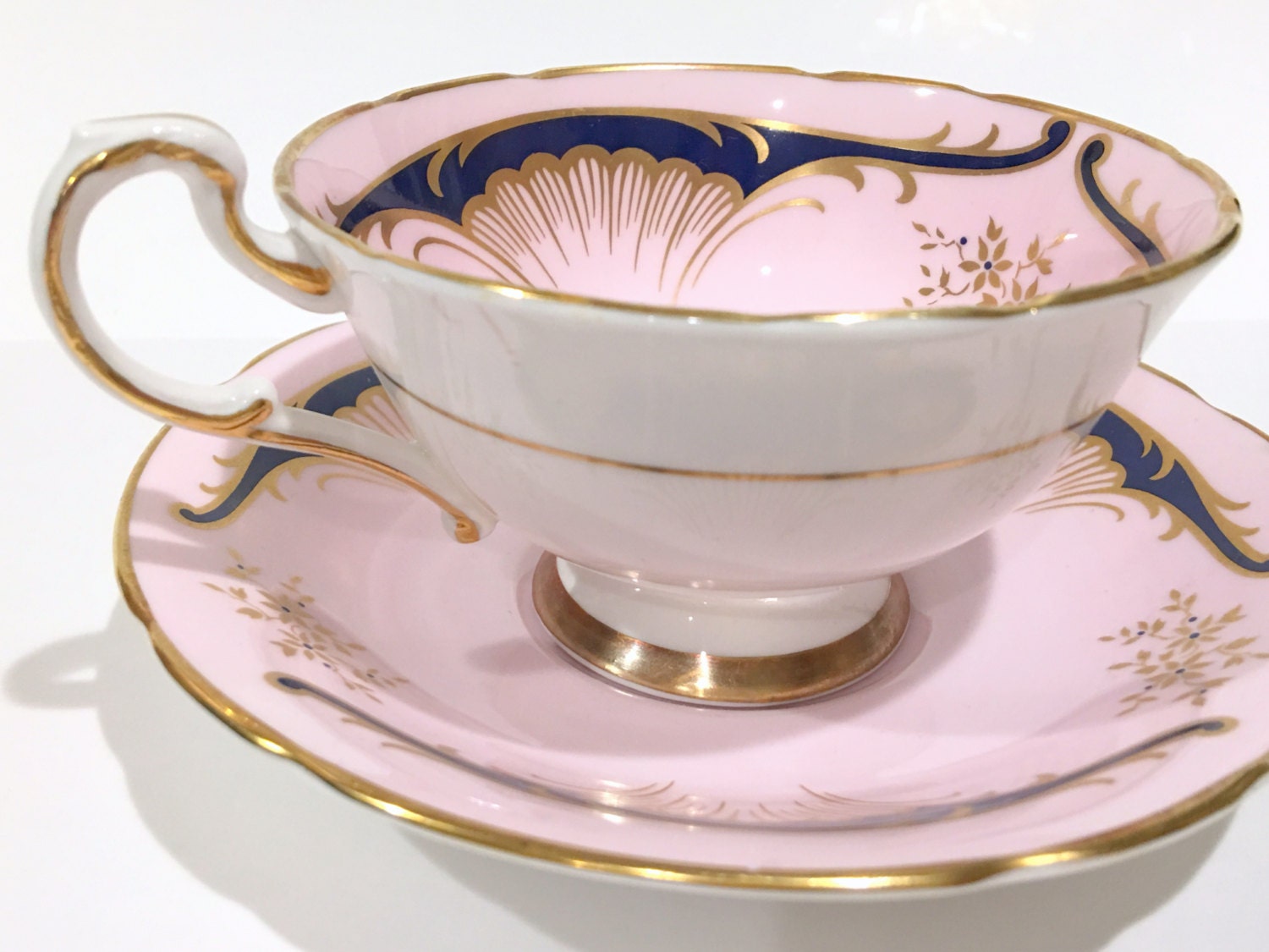Hand Painted Paragon Tea Cup and Saucer, Gold Navy Pink Cups, Tea Set ...