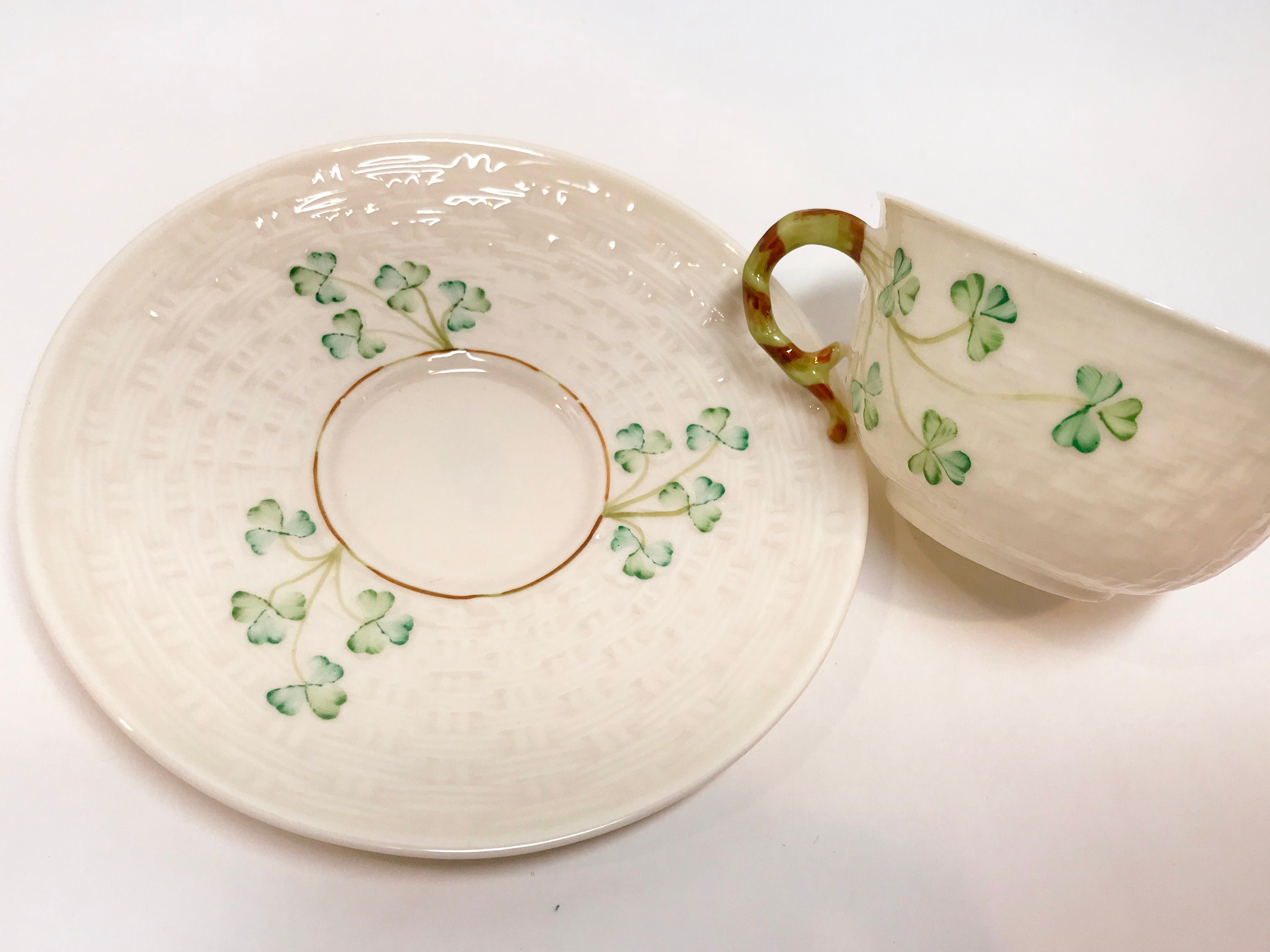 Shamrock Belleek Teacup and Saucer, Irish Tea Cup, Basket Weave Belleek ...