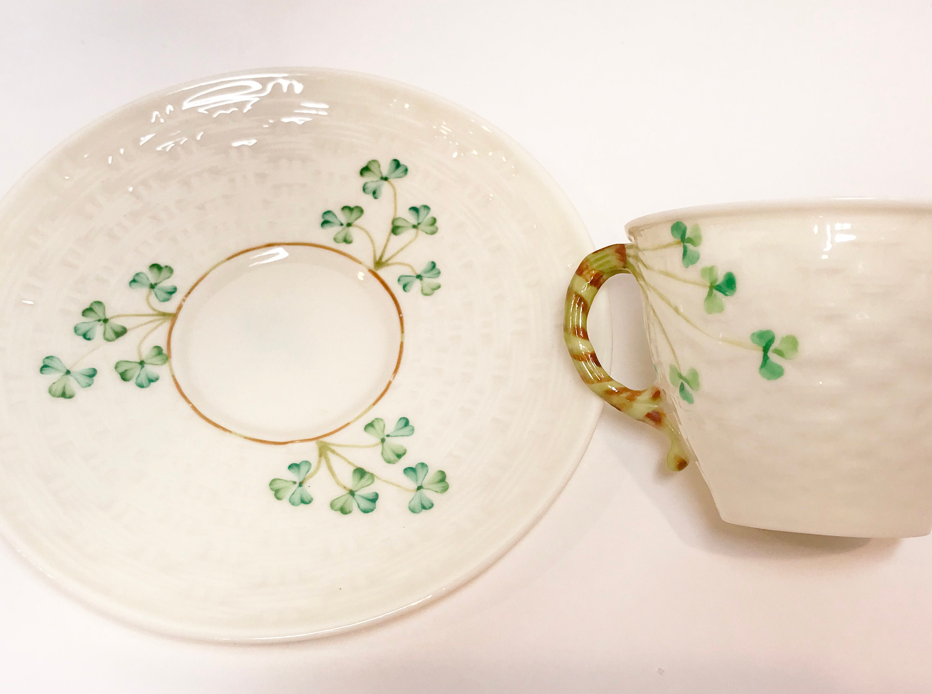 Shamrock Belleek Tea Cup and Saucer, Irish Tea Cup, Basket Weave ...