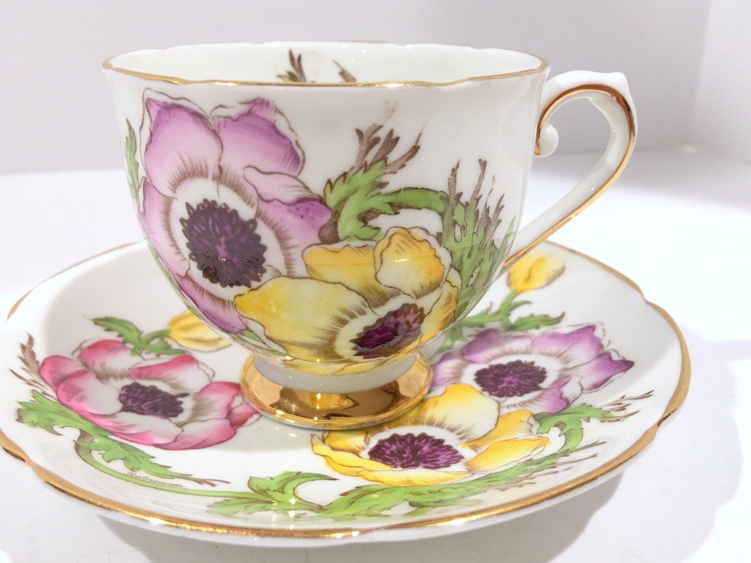 Reserved for Maria, Stanley Tea Cup and Saucer, Anemone Hand Painted ...