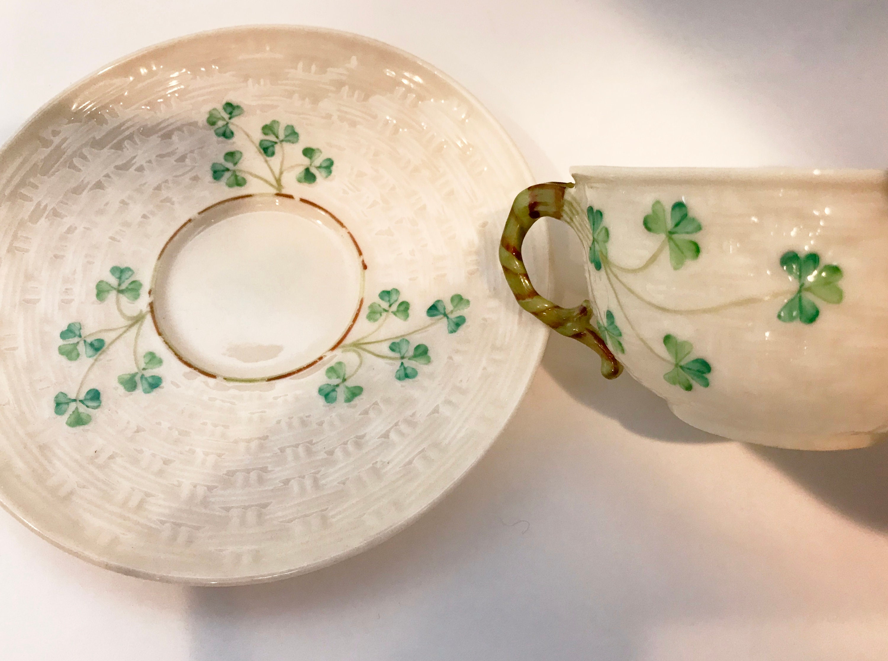 Shamrock Belleek Tea Cup and Saucer, Irish Tea Cup, Basket Weave ...