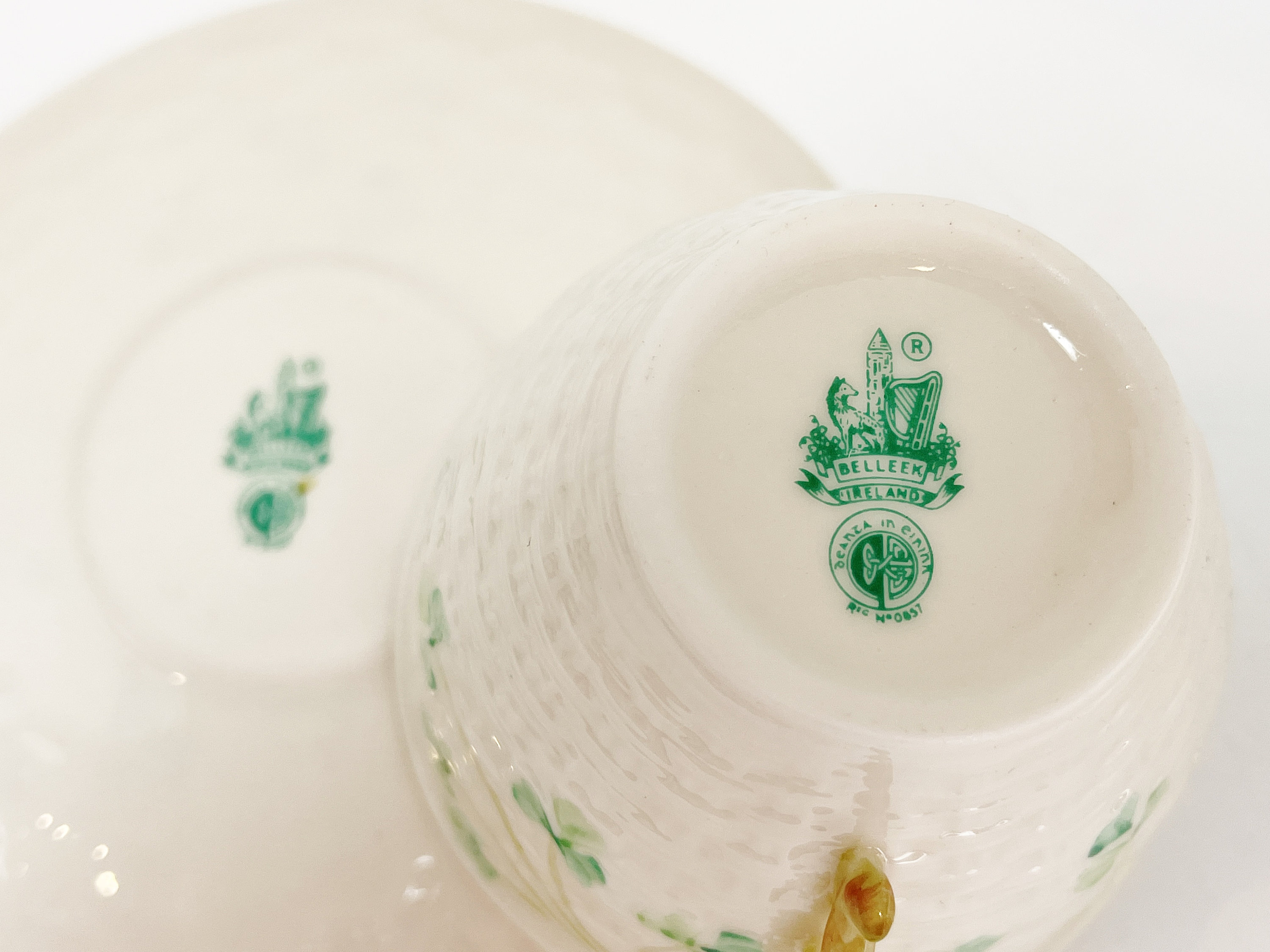 Shamrock Belleek Tea Cup and Saucer, Irish Tea Cup, Basket Weave ...