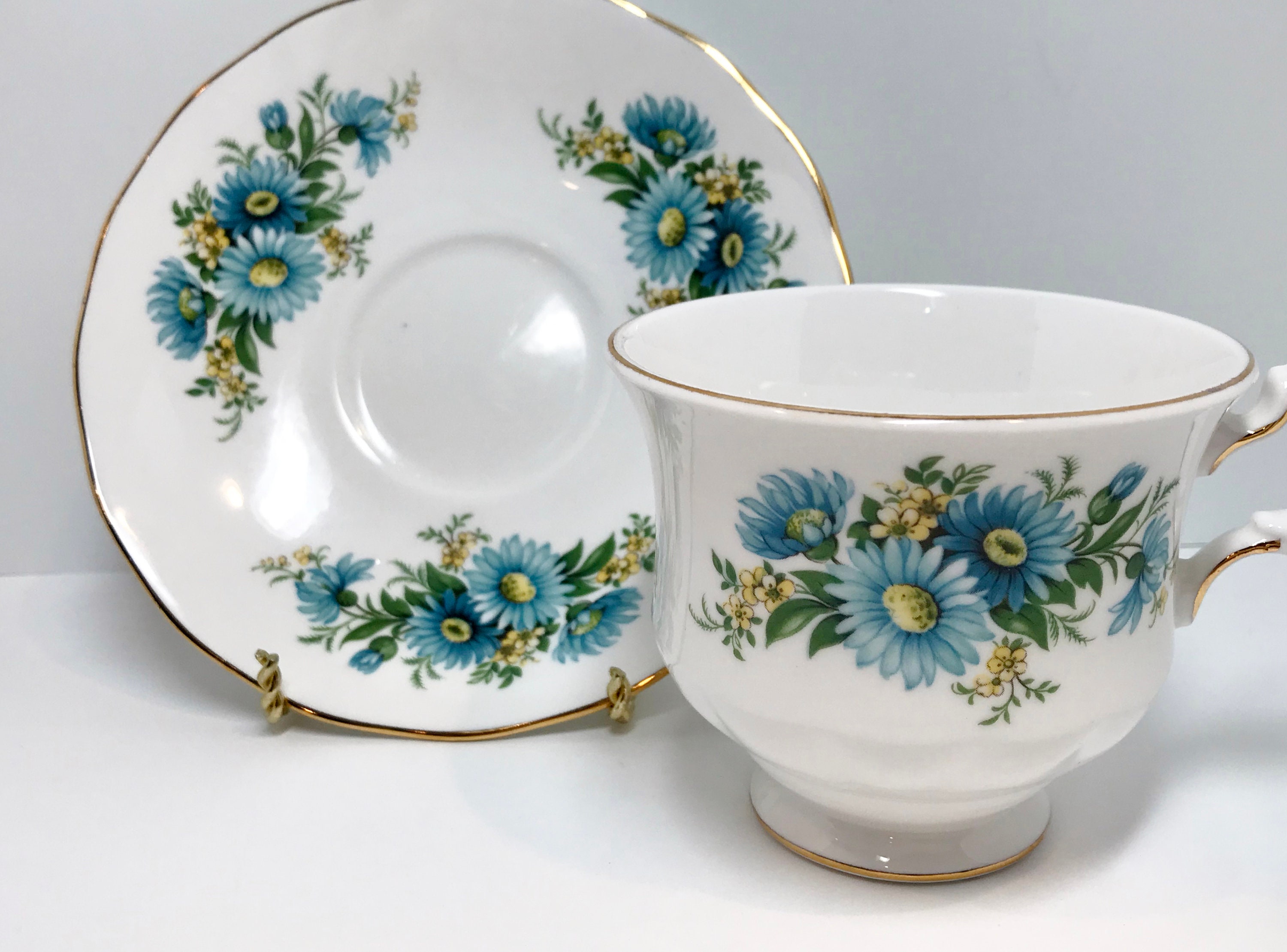 Queen Anne Tea Cup and Saucer, Blue Daisies Teacup, Antique Teacups ...