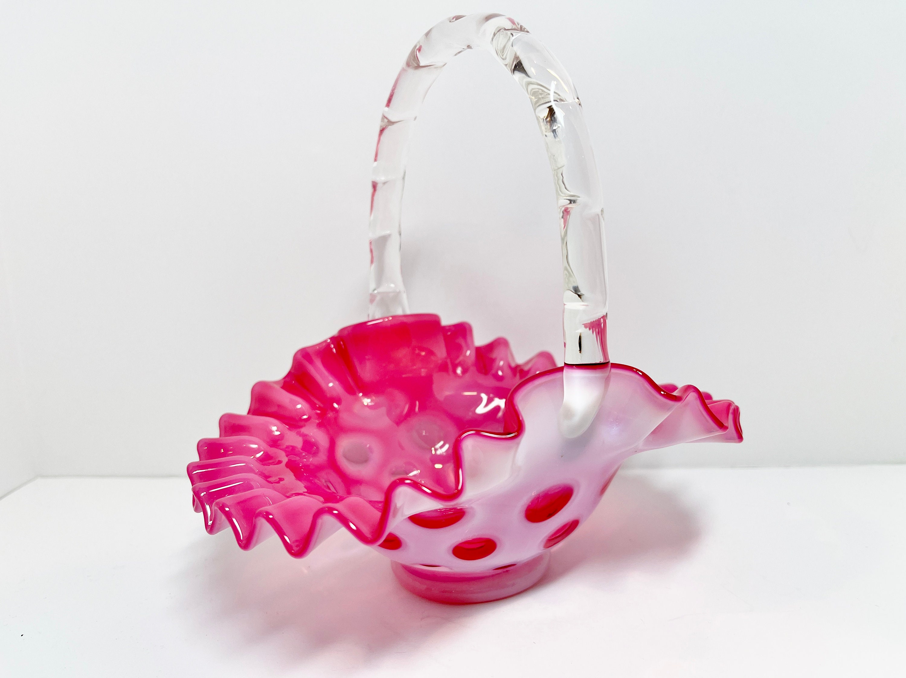 Fenton Basket Pink White Ruffled Basket Fenton Glass Handled Basket Fenton Cranberry Basket