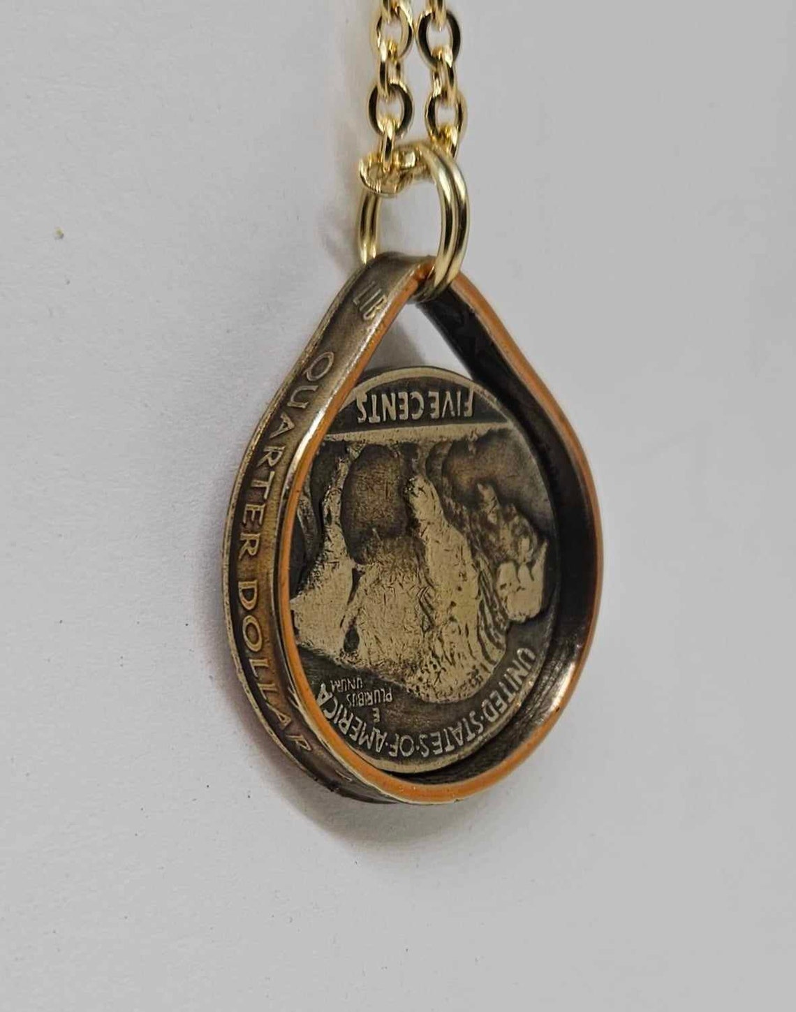 Gold Colored Pendant Made From Buffalo Nickle & US Quarter Coin Ring 24 ...