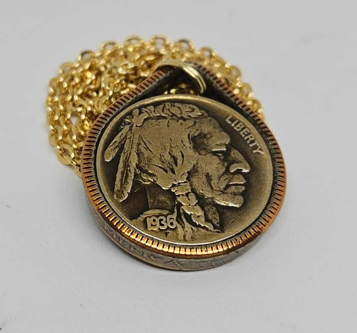 Gold Colored Pendant Made From Buffalo Nickle & US Quarter Coin Ring 24 ...