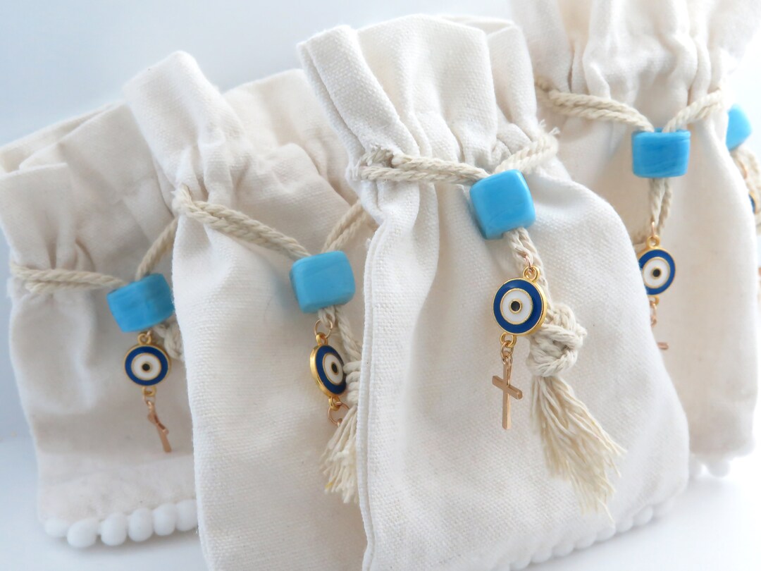Baptism Favor Greek Blue Bead Bags|off White Cotton Evil Eye Bead ...