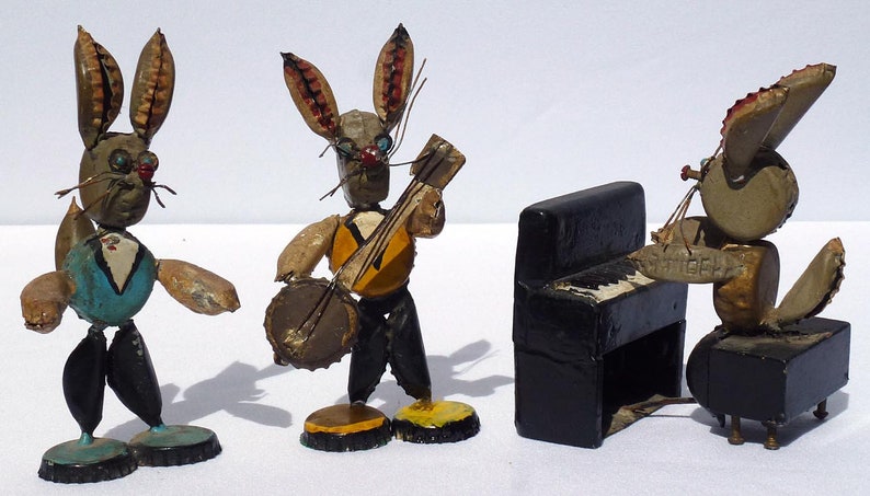 Folky Set of Rabbit Musicians Made From Bottle Caps and Found Objects ...