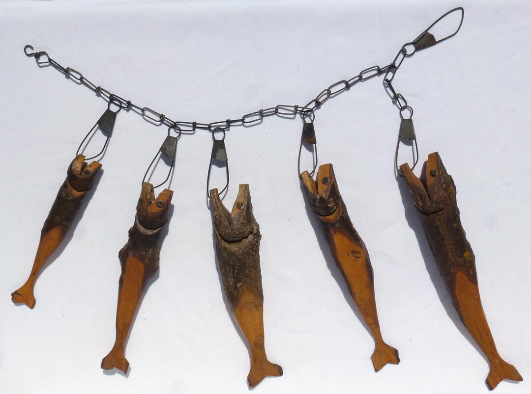 A Very Rustic Stringer of Five Hand Carved Fish Attached Together to a ...