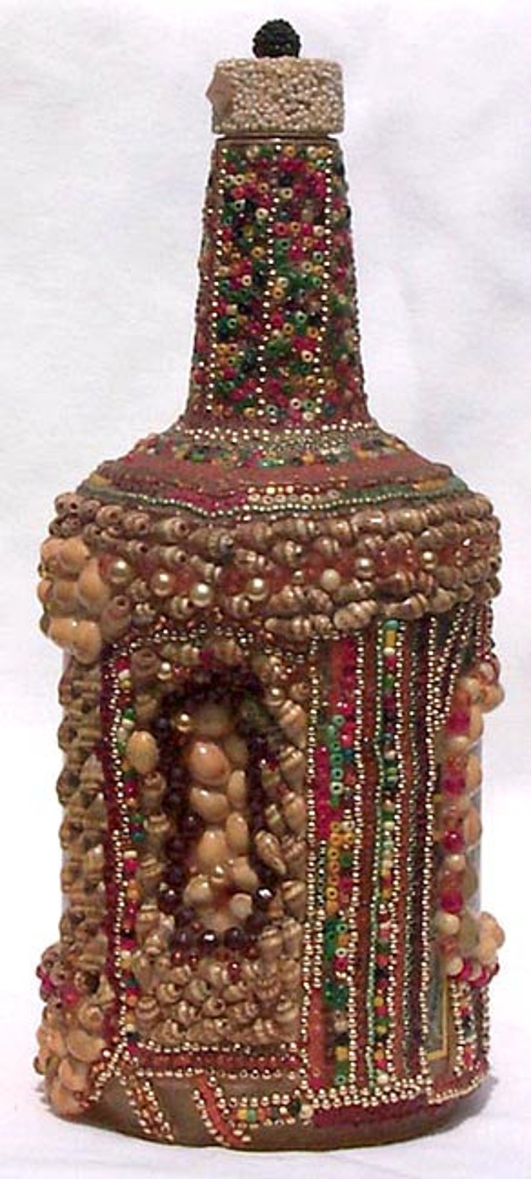 Vintage Folk Art Memory Bottle Decorated With Beads, Shells, More ...