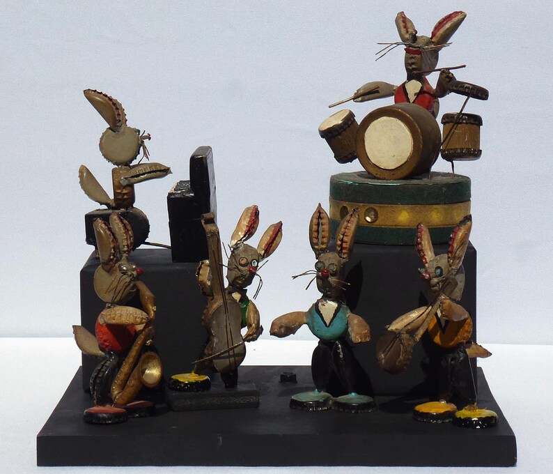 Folky Set of Rabbit Musicians Made From Bottle Caps and Found Objects ...