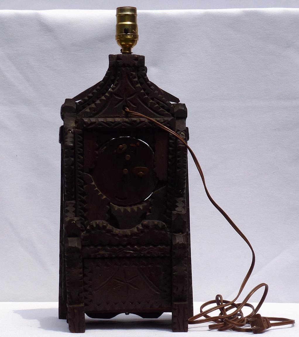A Tramp Art Lamp With Clock and Drawer. Decorated With Carved Birds ...