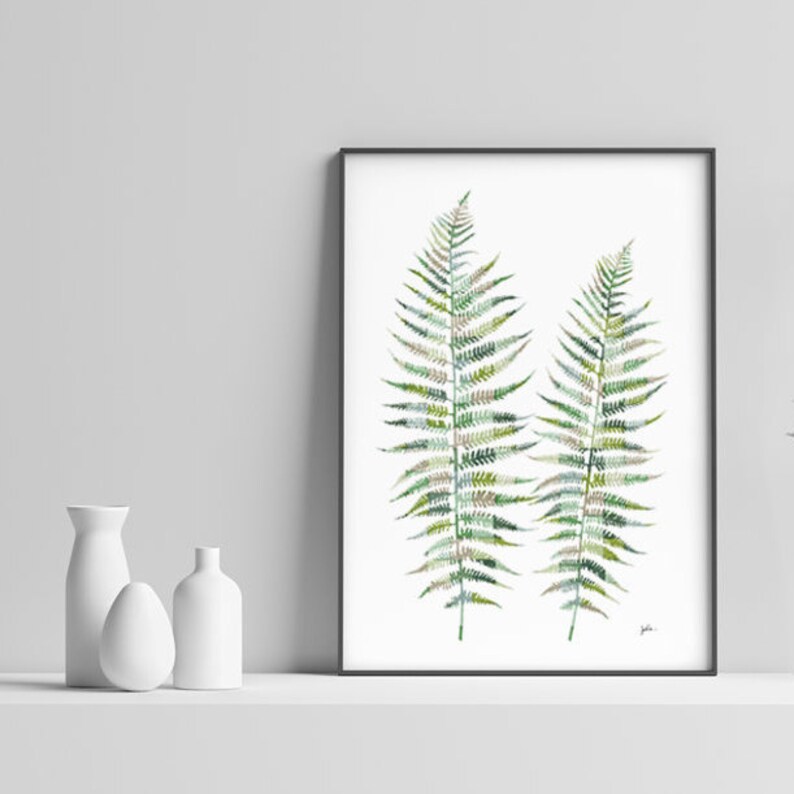 Fern Painting Green Geometric Abstract Leaf Watercolor Prints - Etsy