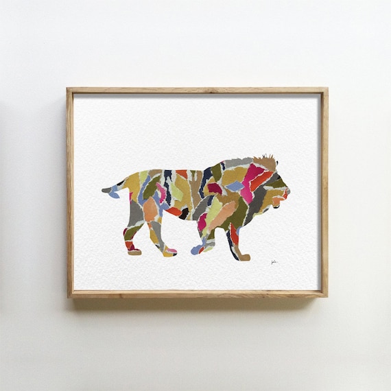 Abstract Brown Lion Collage Art Print Hand-Torn Paper | Etsy
