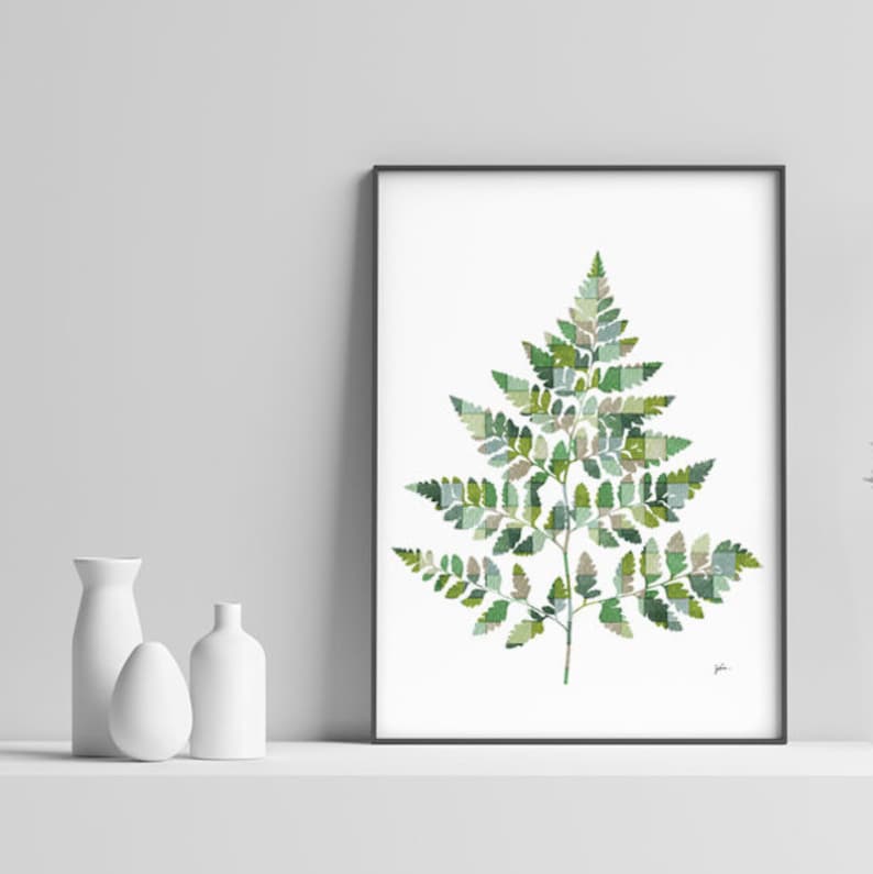 Fern Painting Green Geometric Abstract Leaf Watercolor Prints - Etsy