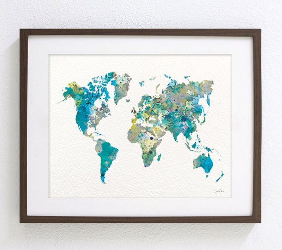 Blue World Map Art Print Watercolor Painting 8x10 Archival | Etsy