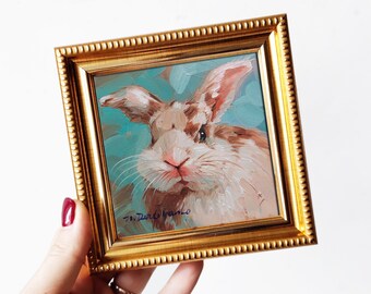 Cute Rabbit Painting Original Oil Framed 4x4 Small Animal Art - Etsy