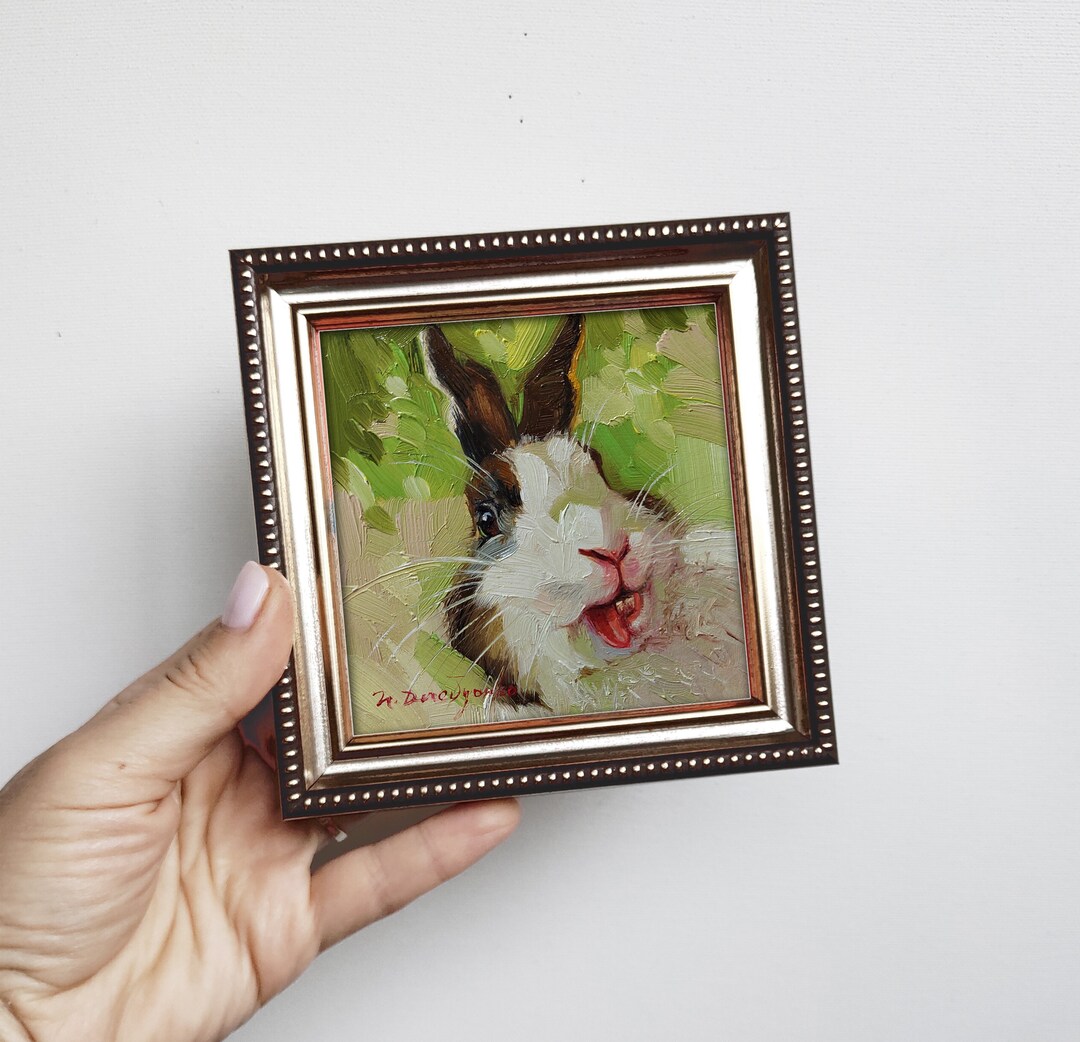 Cute Rabbit Painting Original Framed 4x4, Small Painting Oil White ...