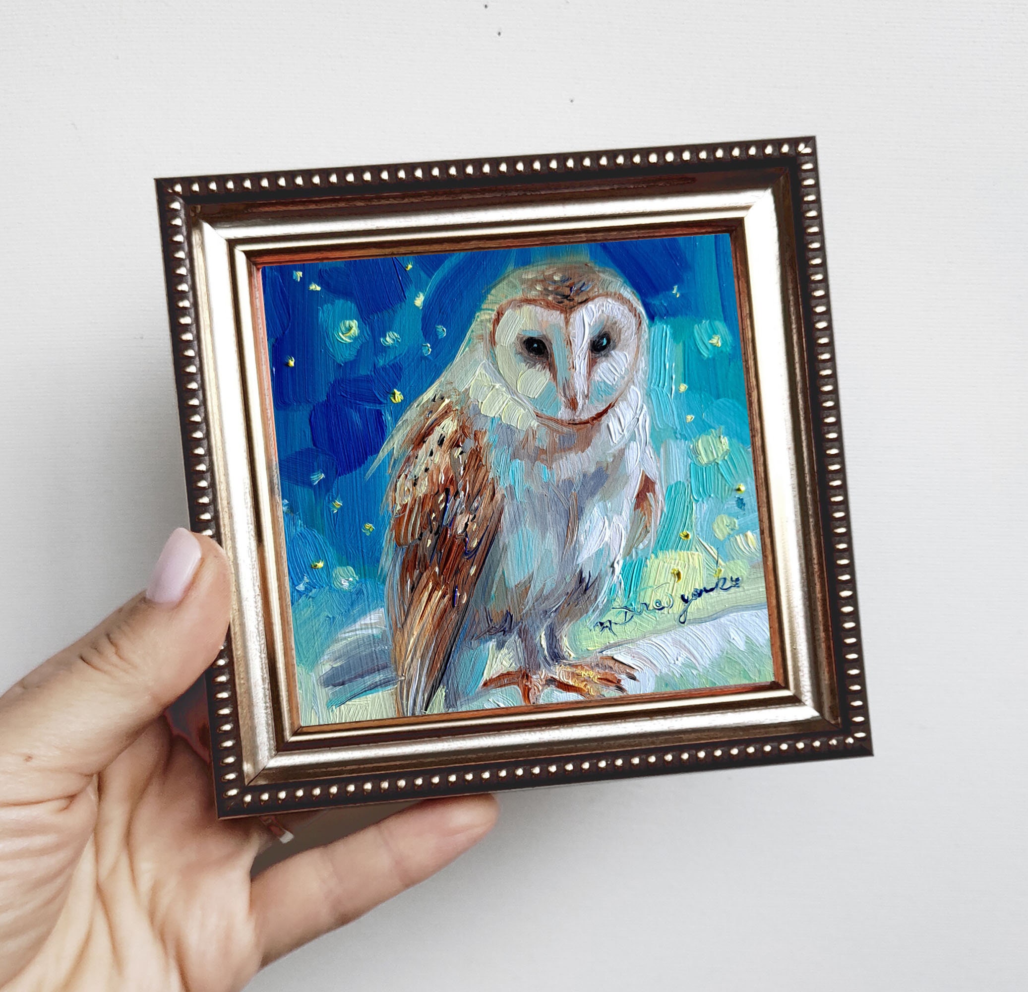 Gufo Uccello Dipinto Originale 4x4 Pollici Piccola Opera D'arte ...