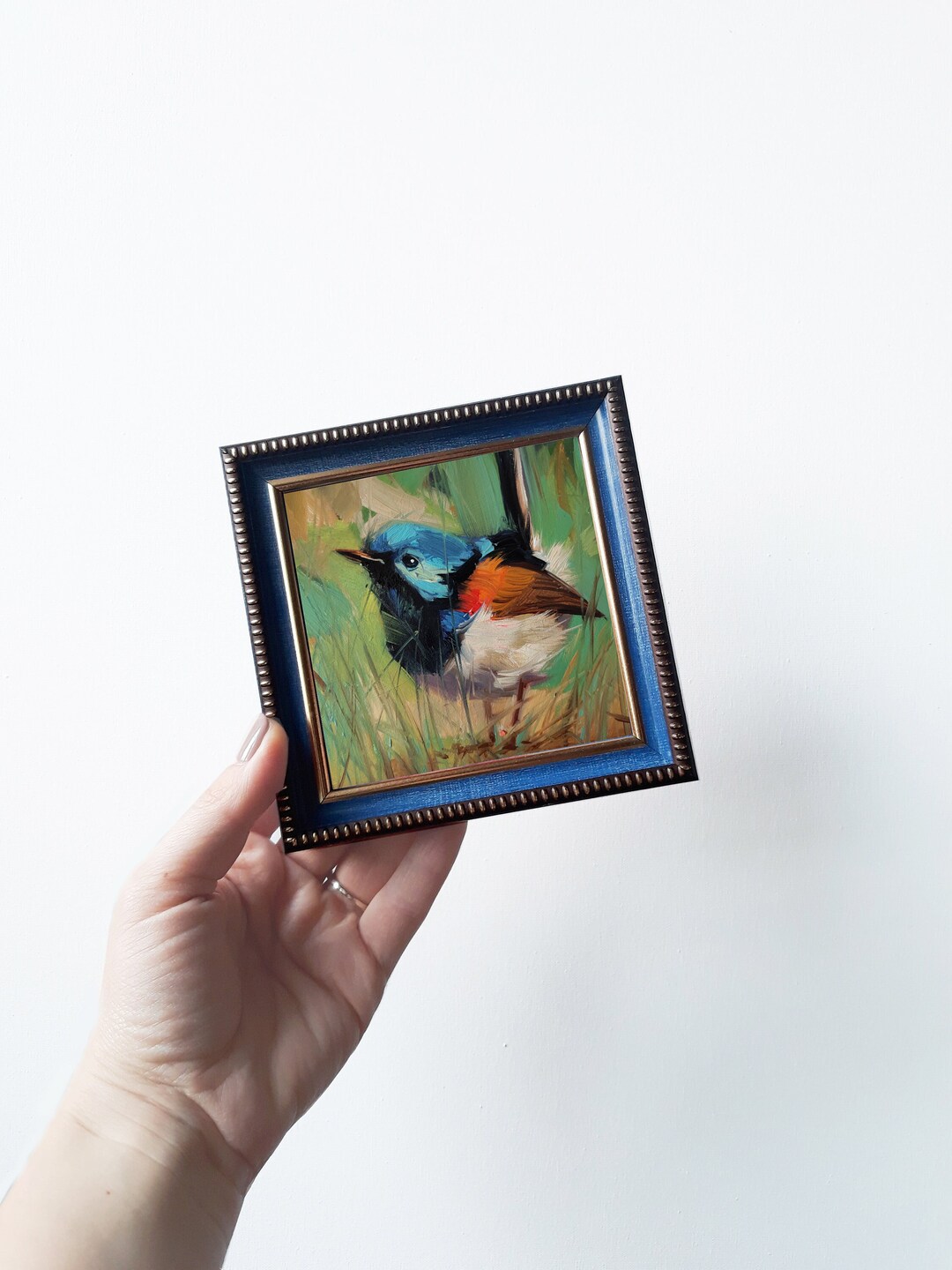 Fairy Wren Bird Oil Painting Original 4x4, Miniature Bird Art Small ...