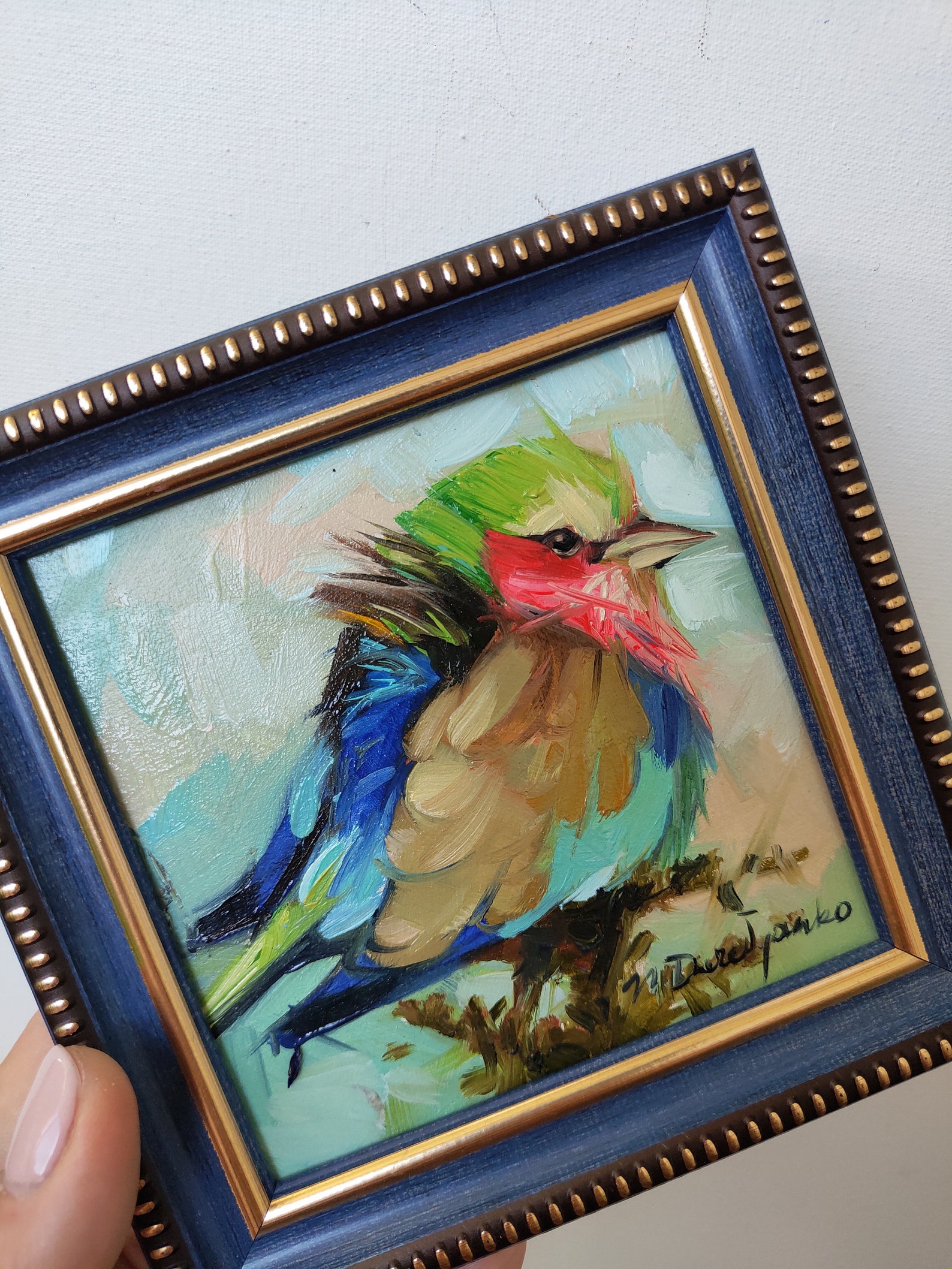 Original Bird Painting 4x4, Colorful Small Bird Art Picture in Blue ...