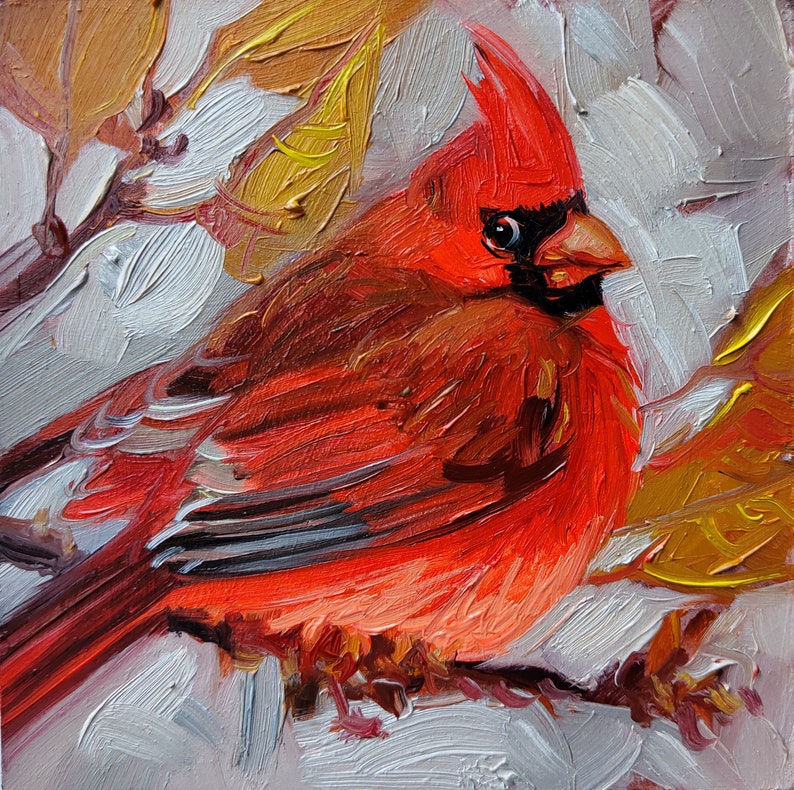 Cardinal bird oil painting original framed artwork gift | Etsy