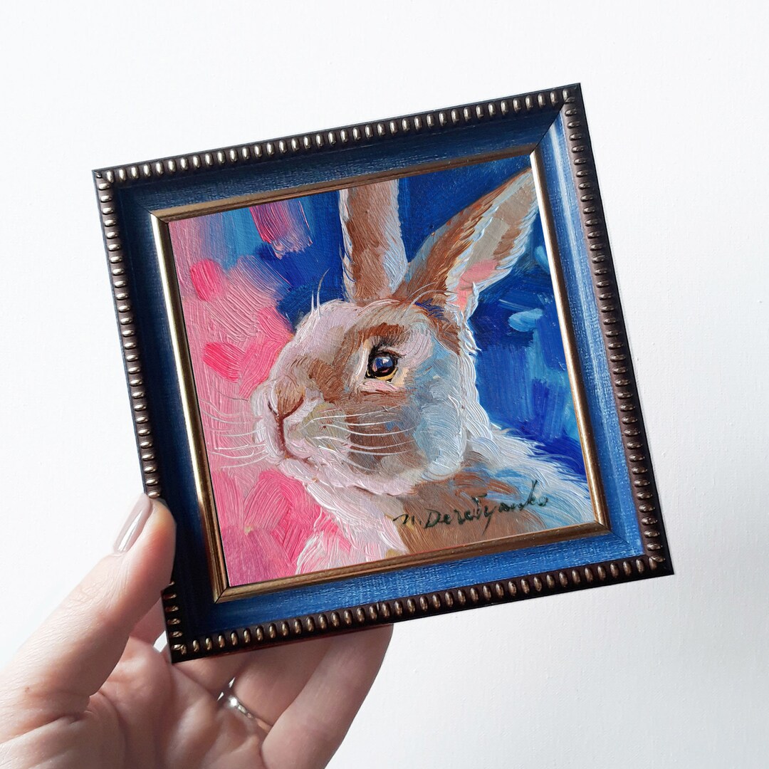 Cute Rabbit Painting Original Oil Framed 4x4 Small Animal Art - Etsy