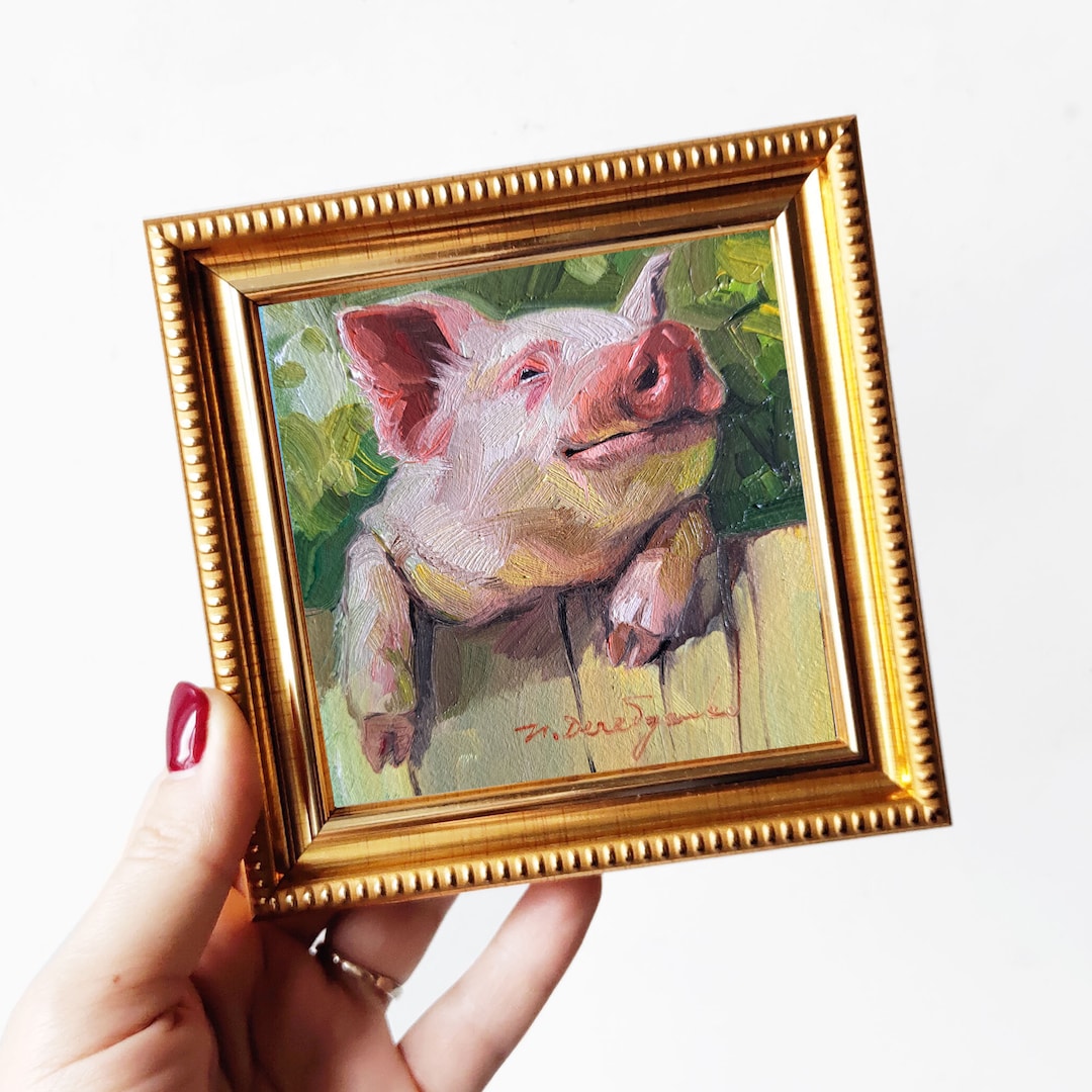 Pig Oil Painting Original Artwork 4x4, Small Frame Art, Nursery Wall ...