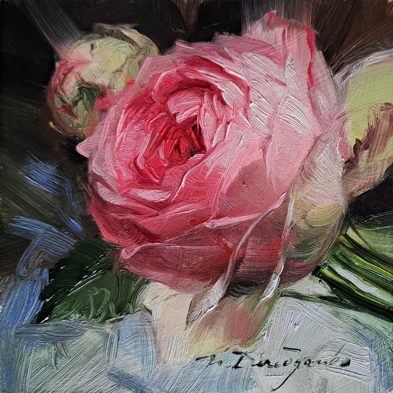 Rose Painting Original Pink Art 4x4, Small Oil Painting Flower Vibrant ...