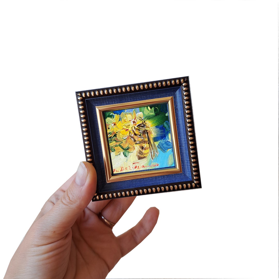 Turquoise Bee Mini Dipinto Originale, Bee Oil Art Tiny Painting, Bee ...