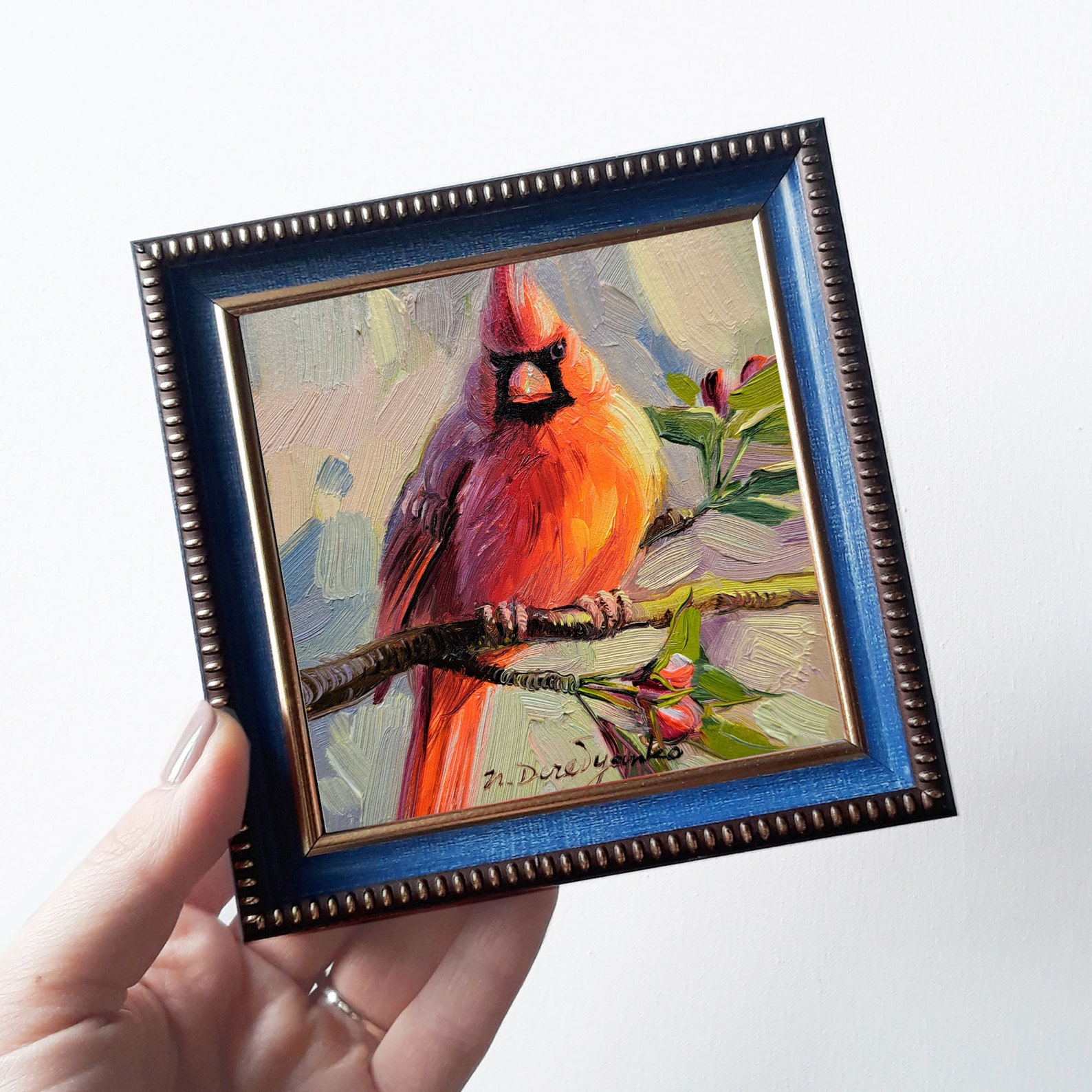 Cardinal Bird Small Artwork Red Bird Oil Painting Original Frame 4x4 ...