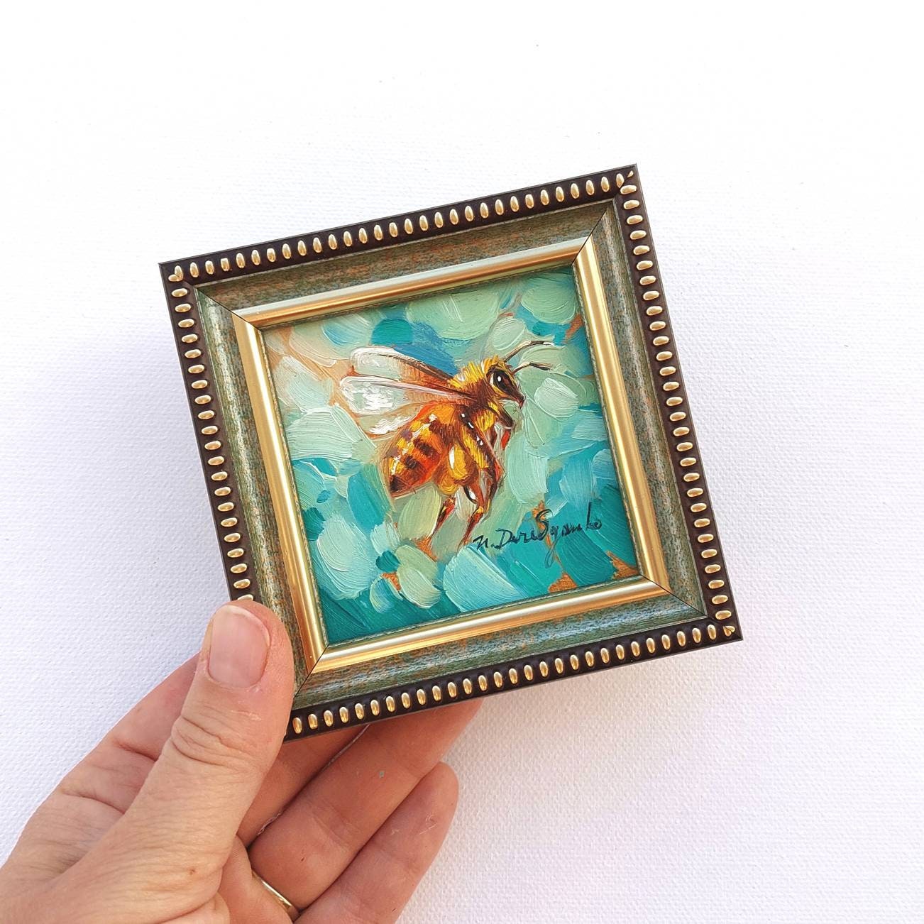 Bee Painting Oil Original 3x3, Mini Bee Artwork Turquoise Framed, Honey ...