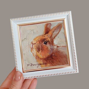 Cute Rabbit Painting Original Oil Framed 4x4, Small Framed Art Red ...